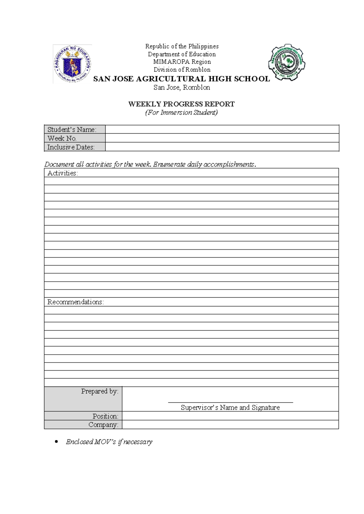 Weekly Progress Report - Republic of the Philippines Department of ...