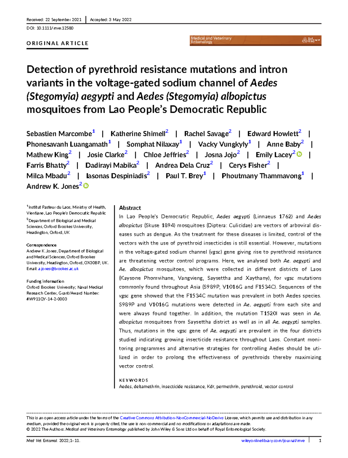 2022 Marcombe et al Detection of pyrethroid resistance mutations and ...