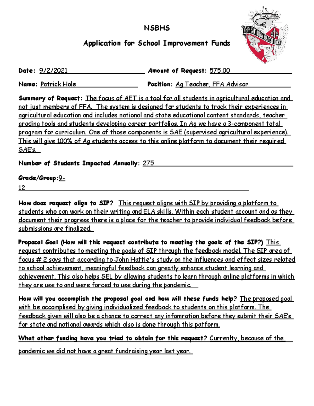 AET funding request for 2021-2022 - NSBHS Application for School ...