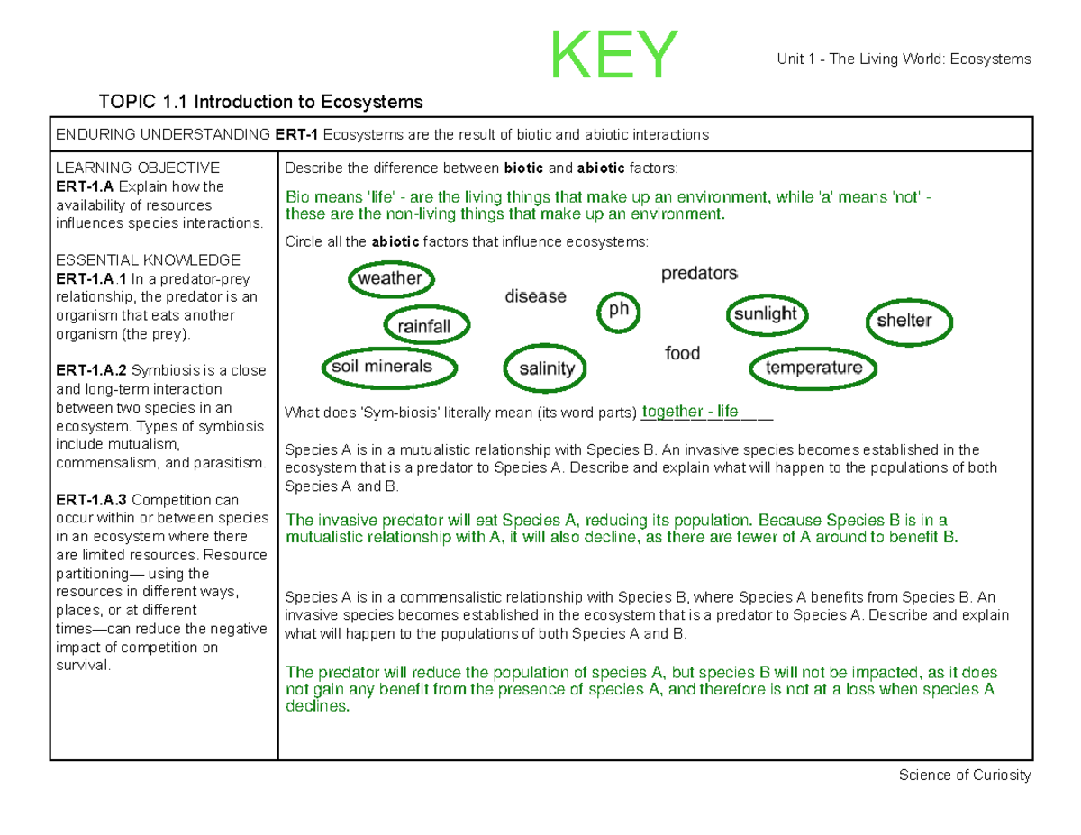 Unit 1 - Study Sheet Answer Key - TOPIC 1 Introduction to Ecosystems ...