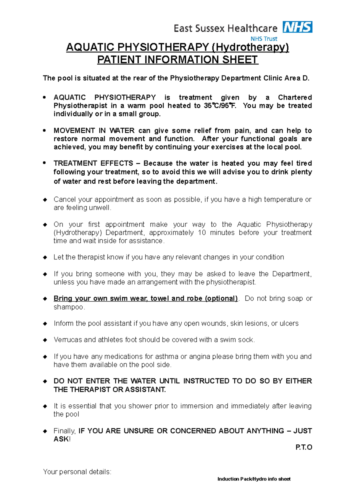 Hydro Info Sheet - AQUATIC PHYSIOTHERAPY (Hydrotherapy) PATIENT ...