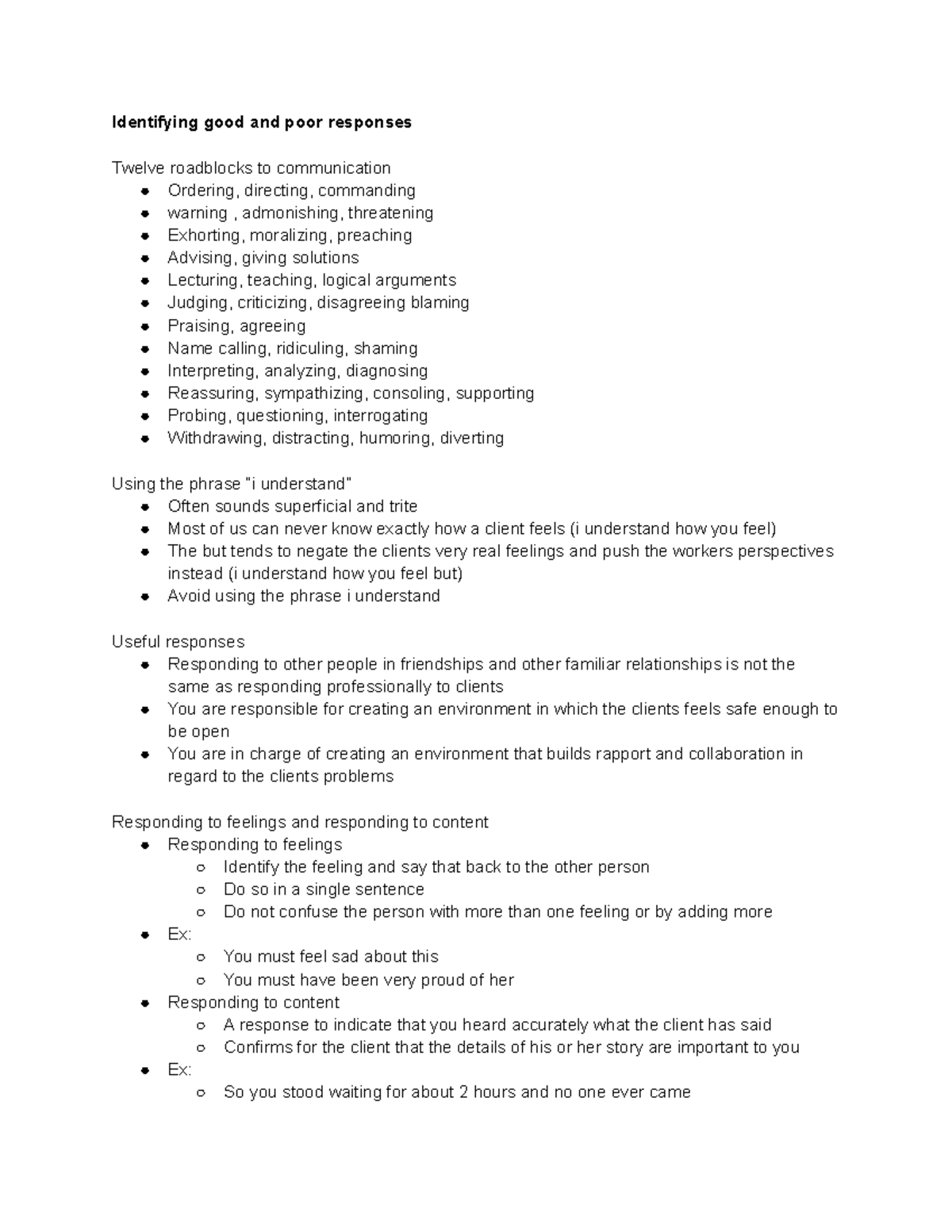 Ch. 7 notes - Identifying good and poor responses Twelve roadblocks to ...