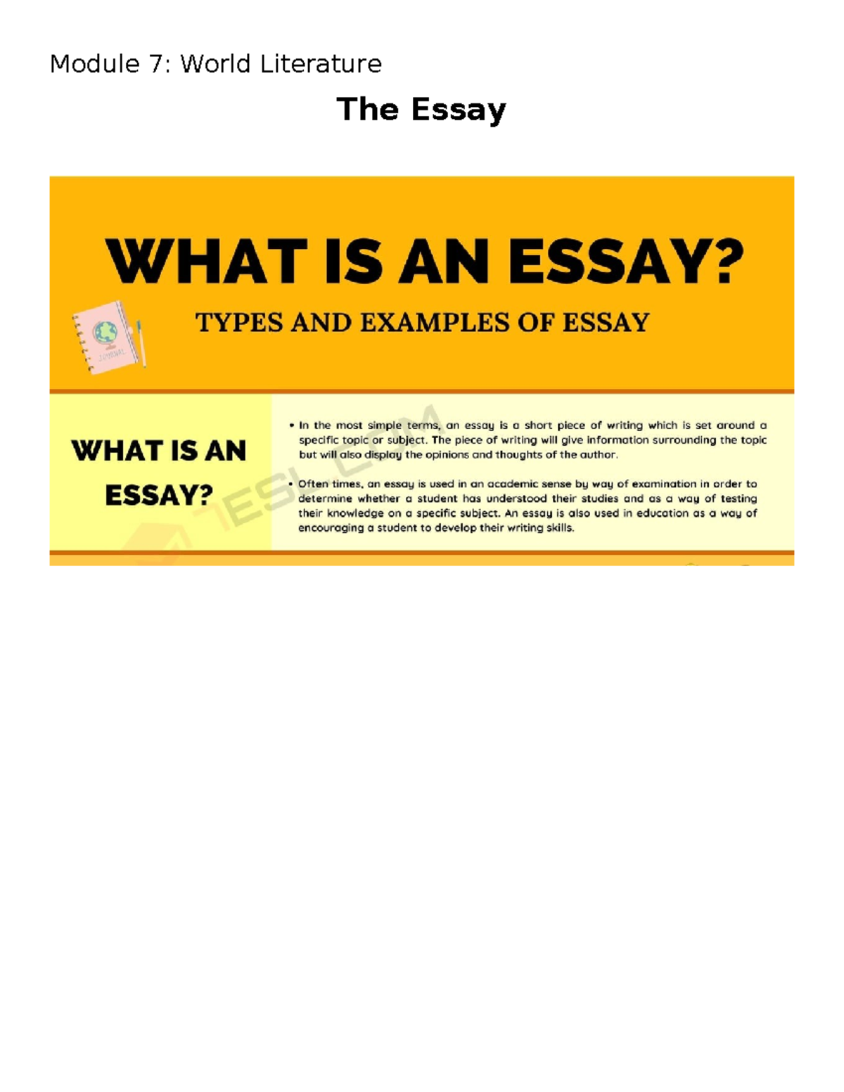 Module-7 - World lit - Module 7: World Literature The Essay Note that ...