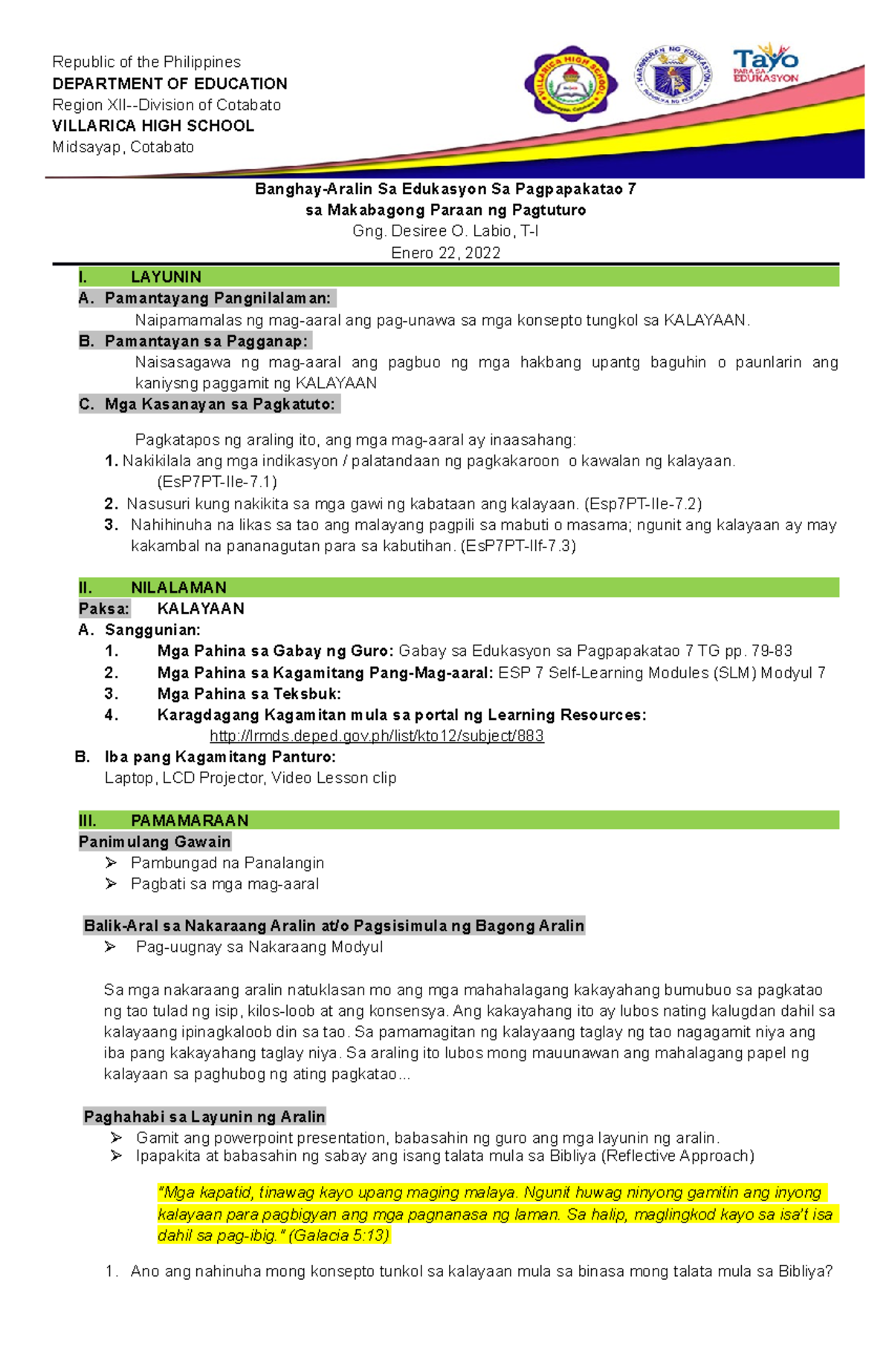 2nd quarter module 7 - edukasyon sa pagpapakatao dll - Republic of the Philippines DEPARTMENT OF ...