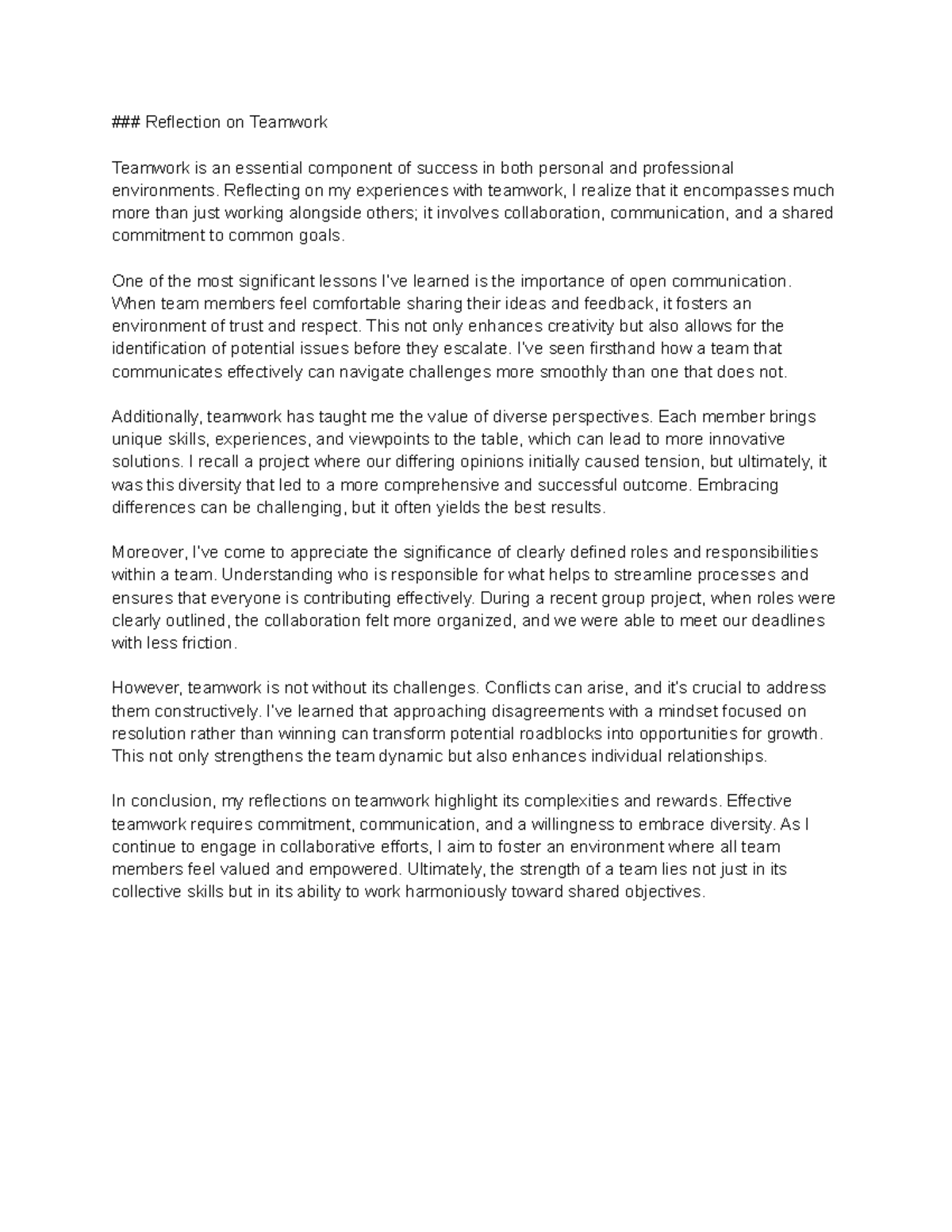 Reflection on Teamwork - Reflection on Teamwork Teamwork is an ...