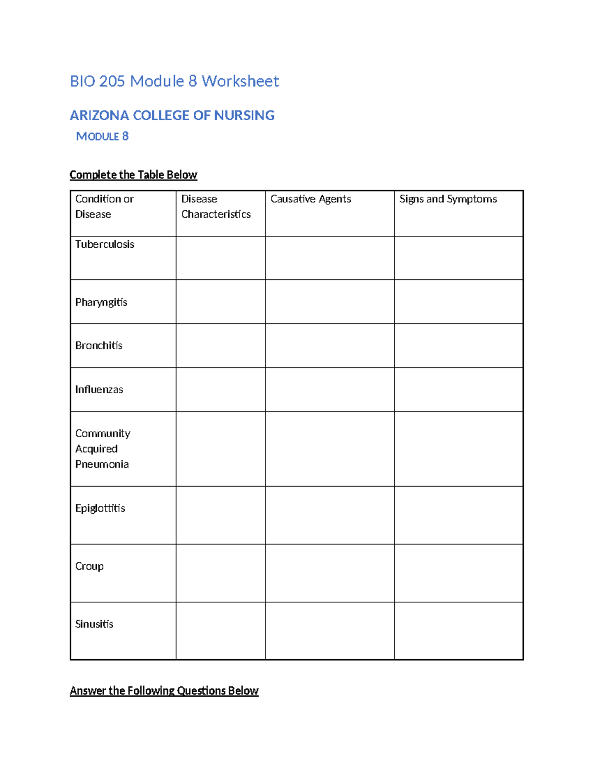 BIO 205 Module 8 Worksheet - BIO 205 - BIO 205 Module 8 Worksheet ARIZONA COLLEGE OF NURSING ...