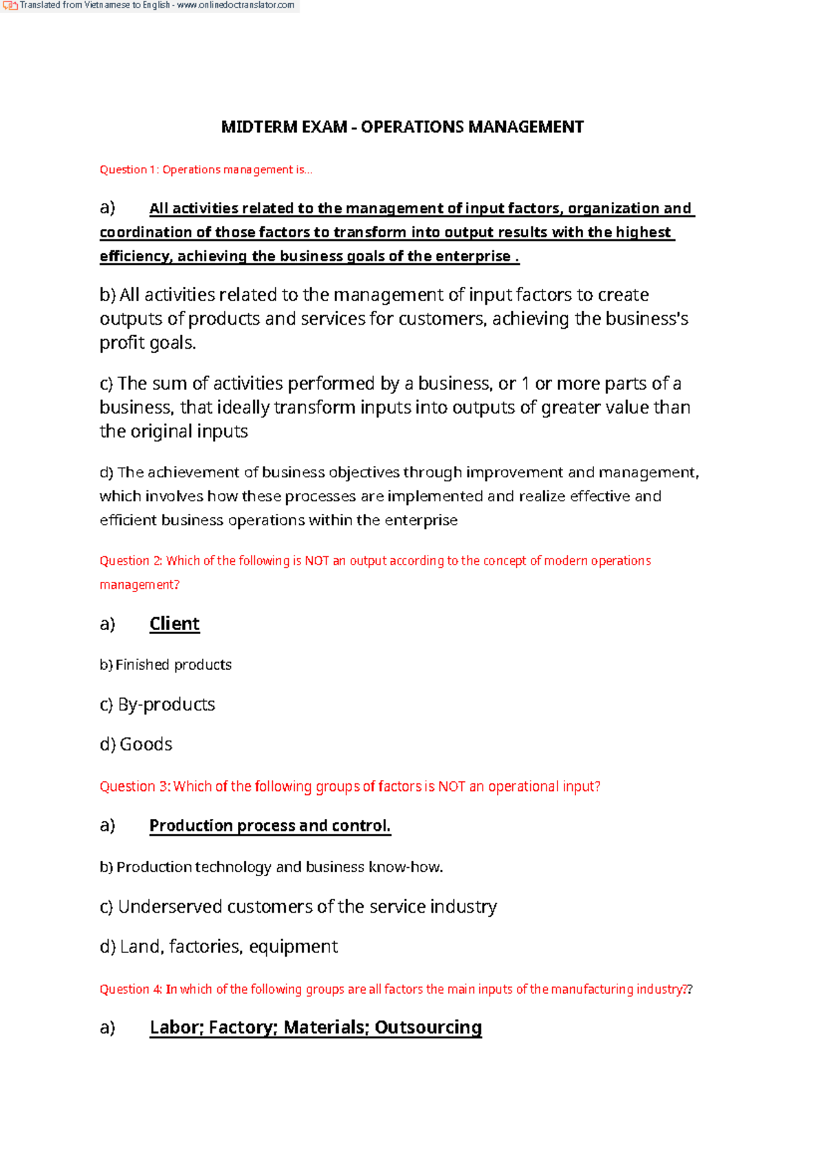 719567780 Tổng on giữa ki va cuối ki QTVH - MIDTERM EXAM - OPERATIONS MANAGEMENT Question 1 ...