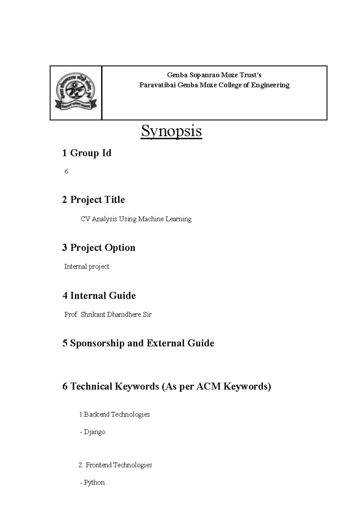 Synopsis-Template - Synopsis Template - Genba Sopanrao Moze Trust’s ...