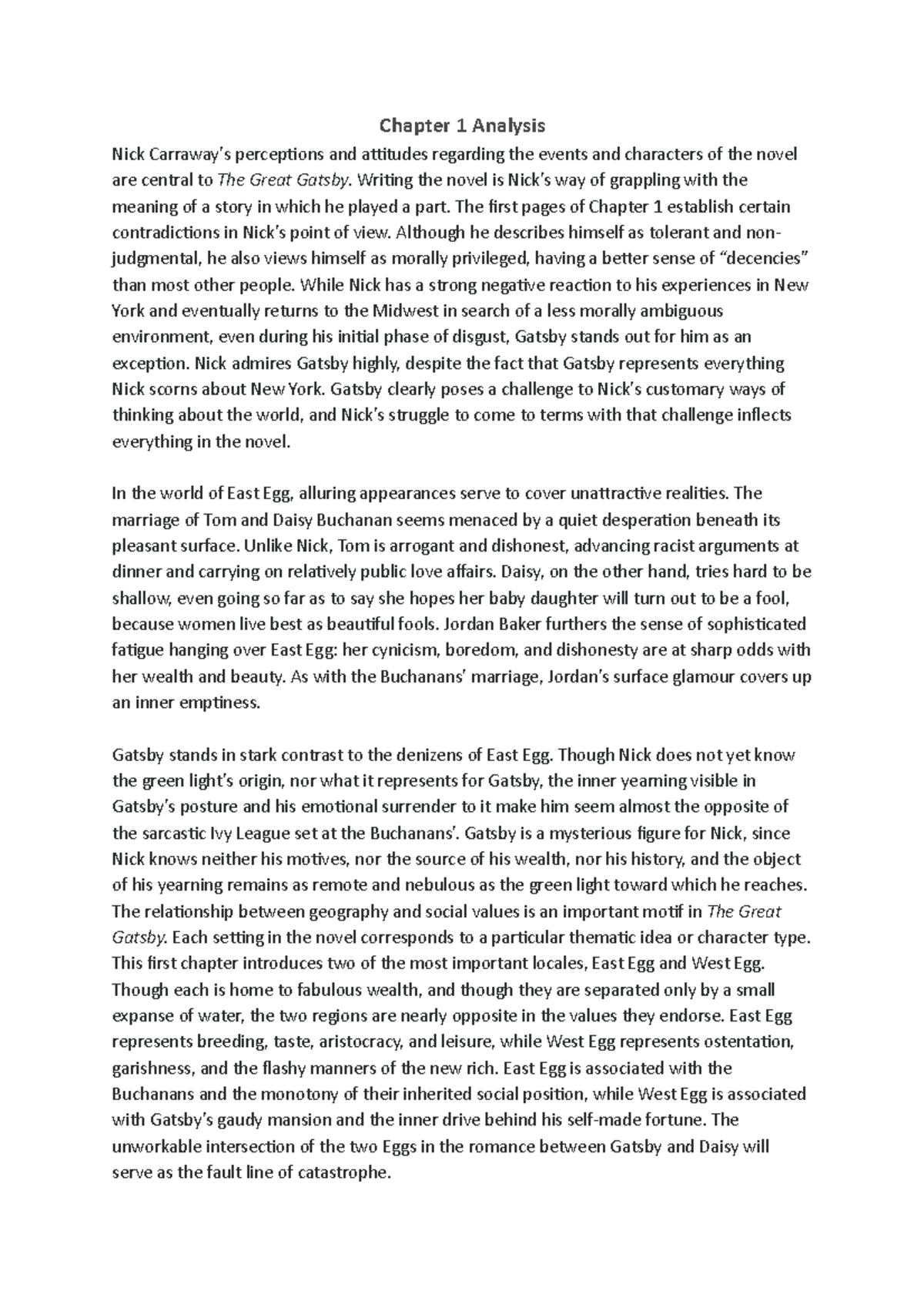 Great Gatsby Analysis - Grade: A - Chapter 1 Analysis Nick Carraway’s ...