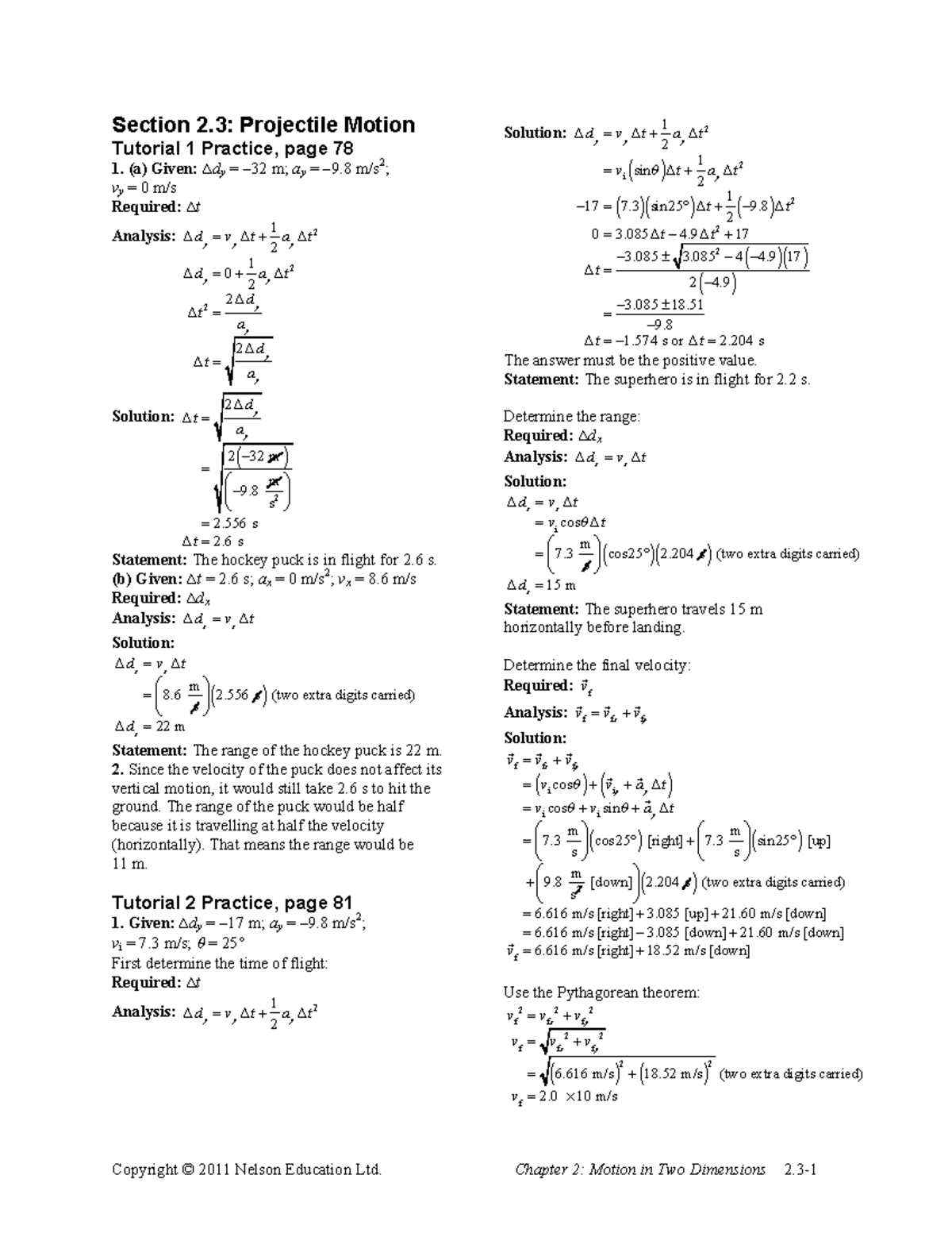 Phys11 sm 02 3 - Nelson Physics 11 Solutions - Section 2: Projectile ...