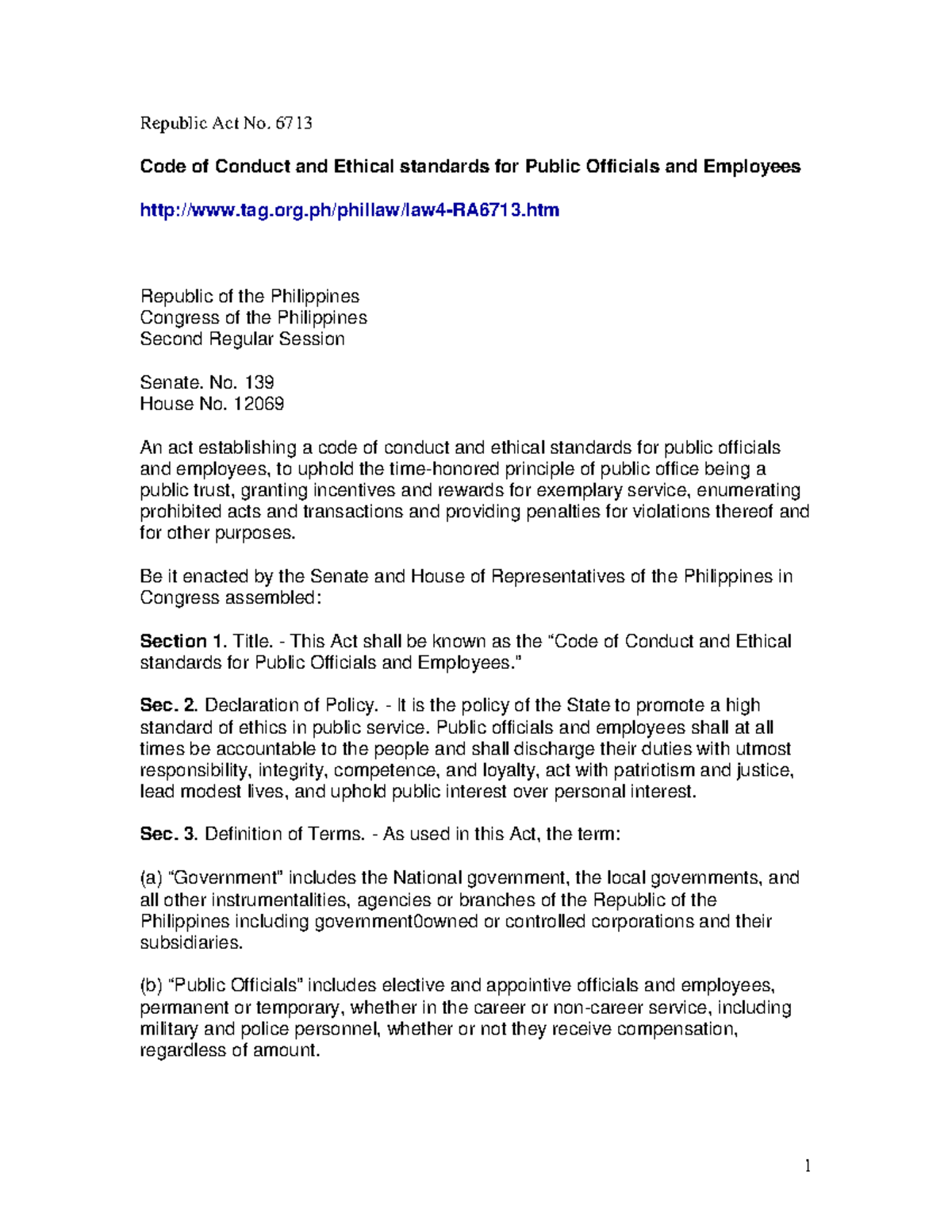 Philippines Code of Conduct and Ethical Standards for Public Officials ...