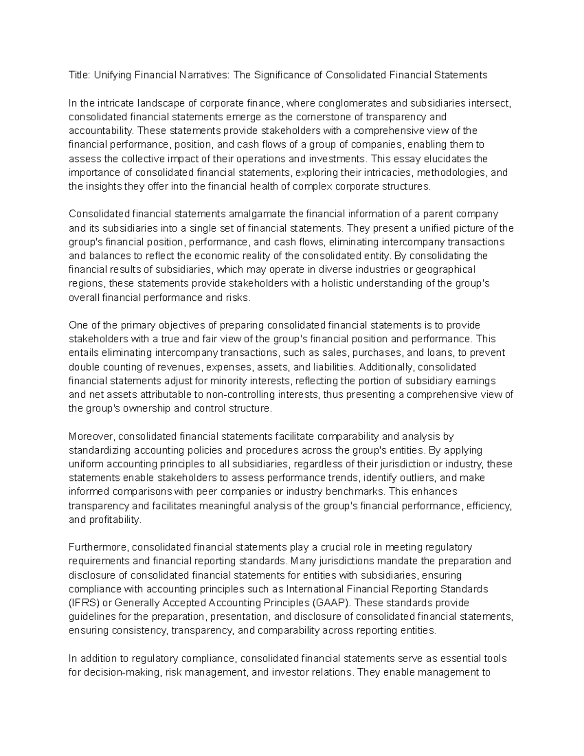 Title Unifying Financial Narratives The Significance of Consolidated ...