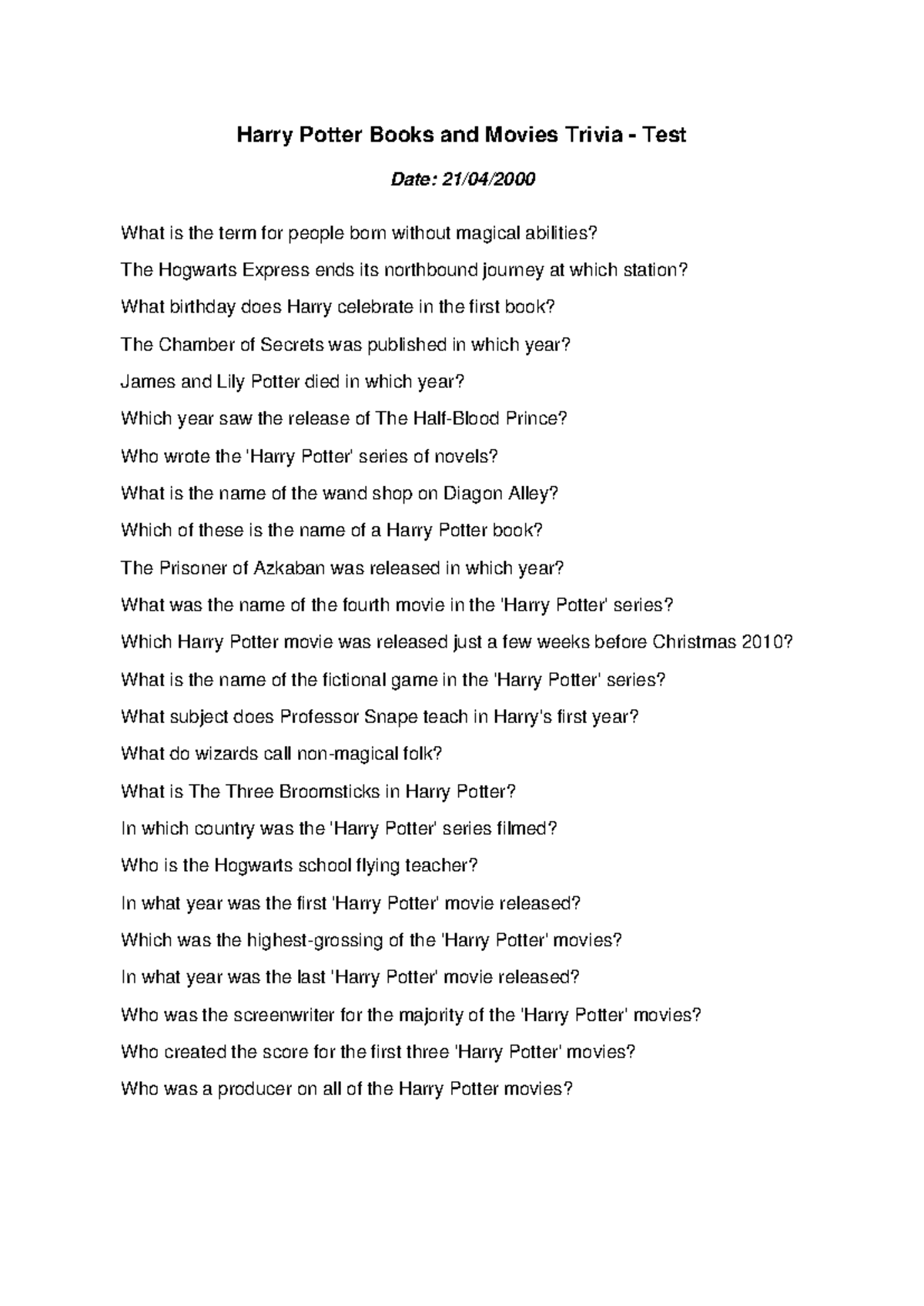 Harry Potter Books and Movies Trivia Test 80 - Studocu