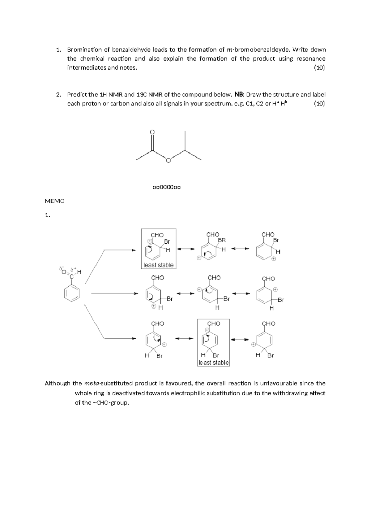 Class Test 2 MEMO - Bromination of benzaldehyde leads to the formation ...