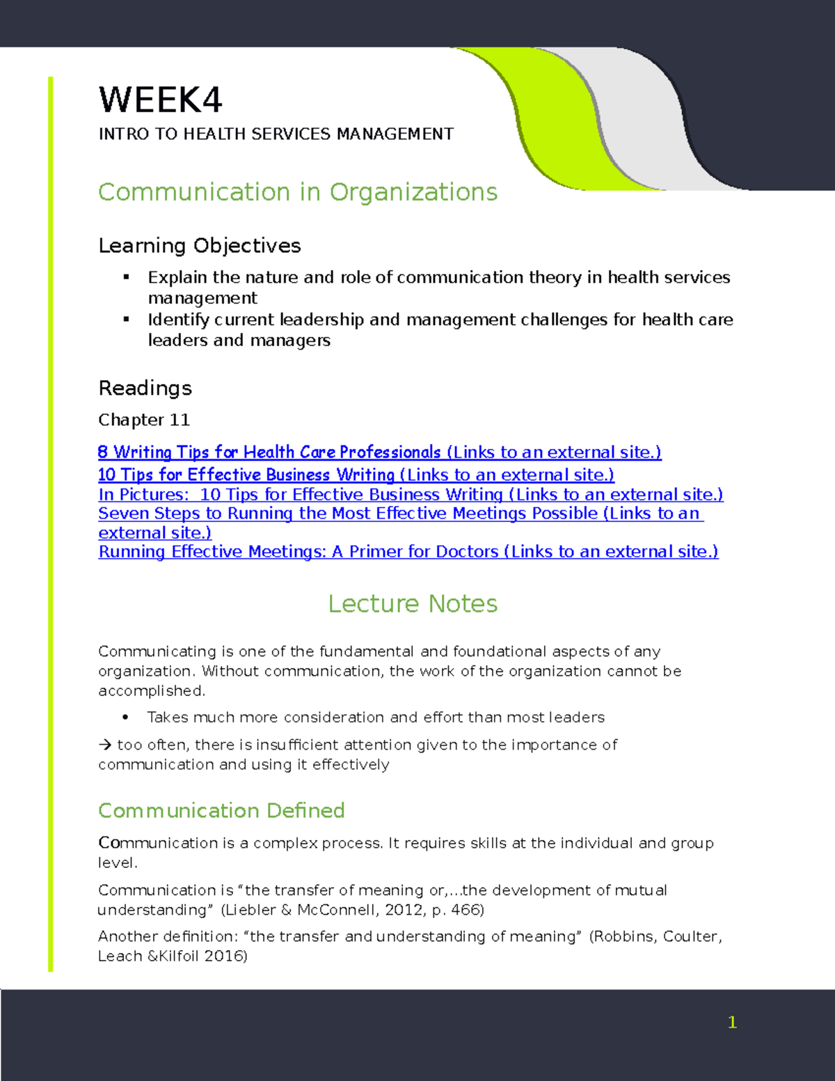 Health management lecture 4 - WEEK INTRO TO HEALTH SERVICES MANAGEMENT ...