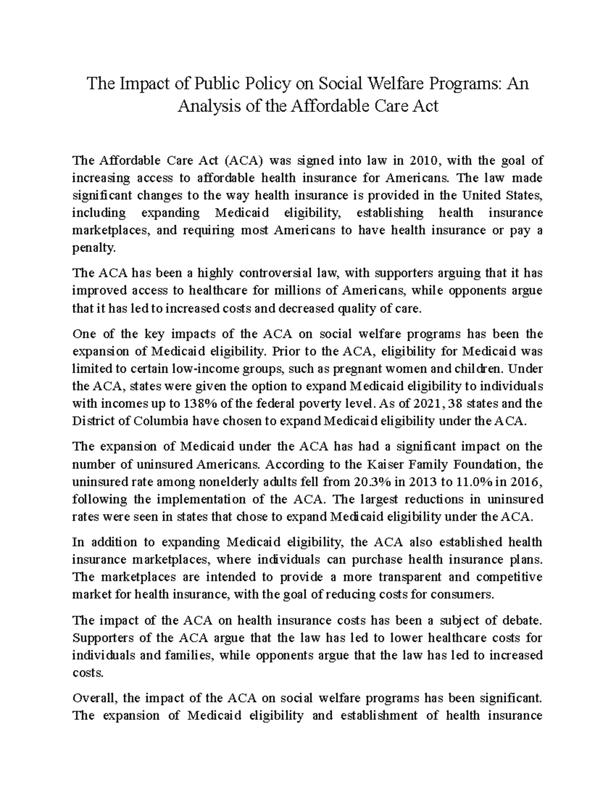 The Impact of Public Policy on Social Welfare Programs An Analysis of ...