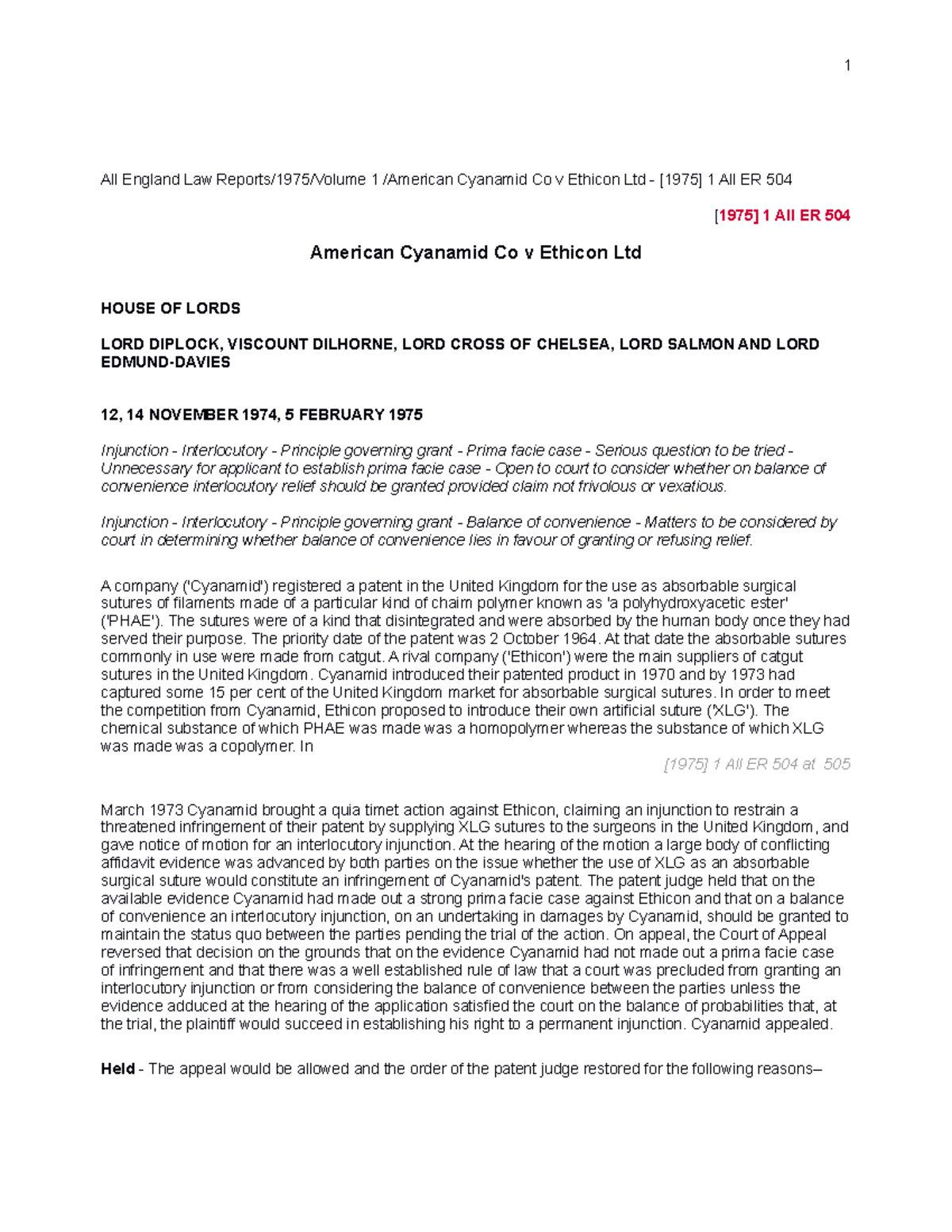 American Cyanamid Co v Ethicon Ltd - [1975] - All England Law Reports ...