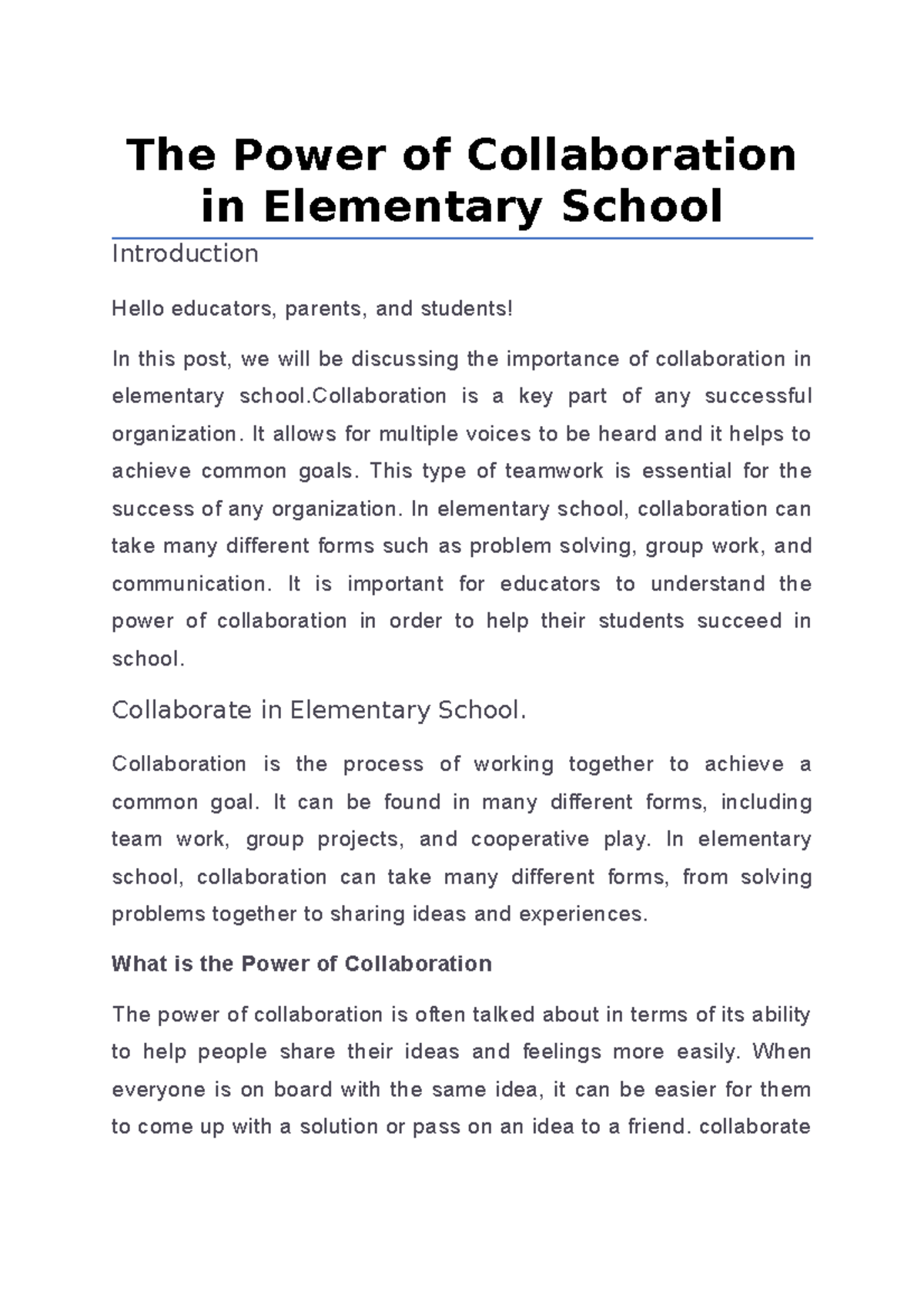 The Power of Collaboration in Elementary School - The Power of ...