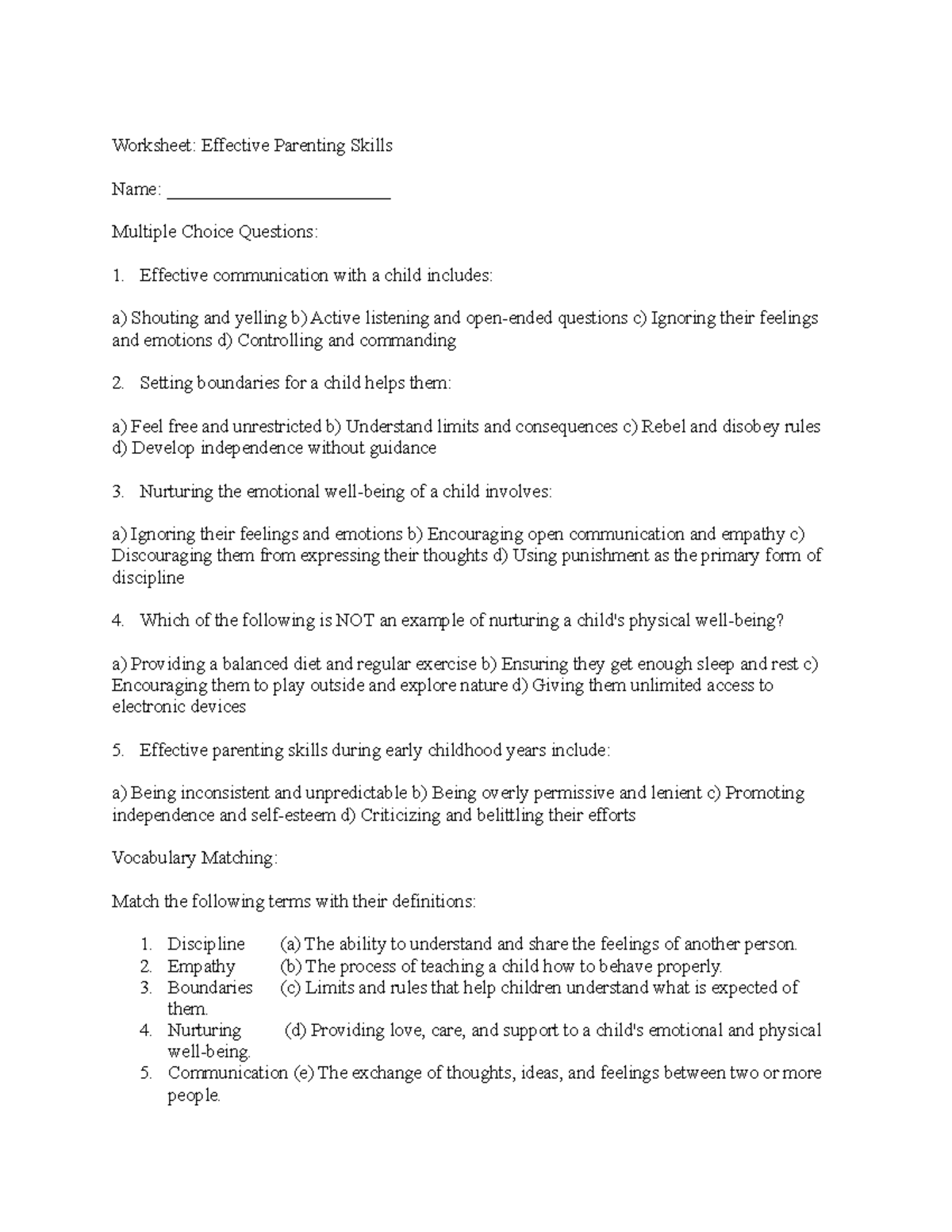 Bonding and Nurturing WS 2 - Worksheet: Effective Parenting Skills Name