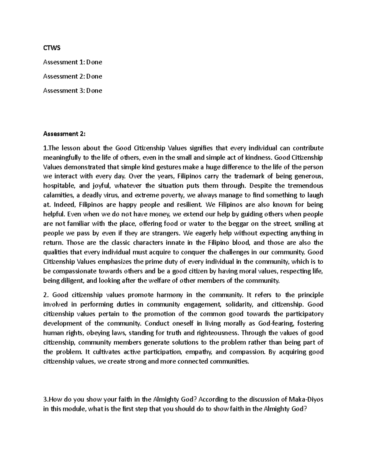 Civic Welfare Training Service for CWTS - CTWS Assessment 1: Done ...