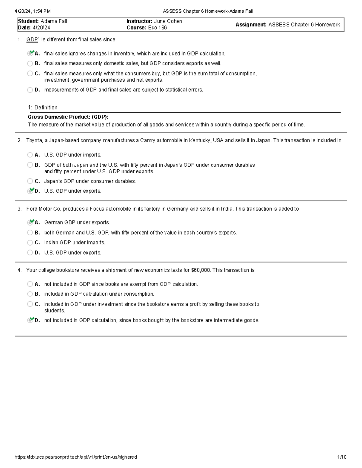 Assess Chapter 6 Homework-AF - 1. 2. 3. 4. Student: Adama Fall Date: 4 ...