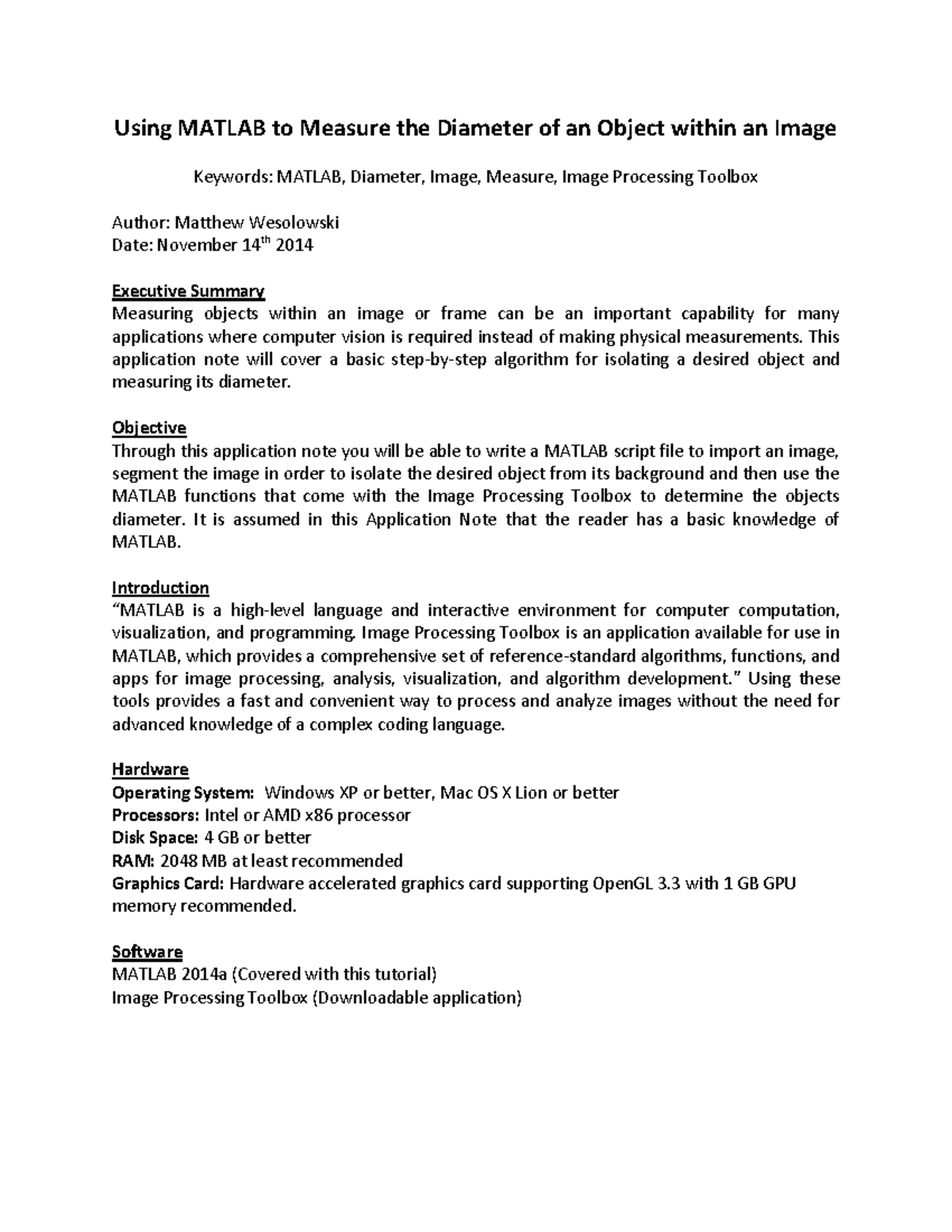 App matt - App matt - Using MATLAB to Measure the Diameter of an Object within an Image Keywords ...