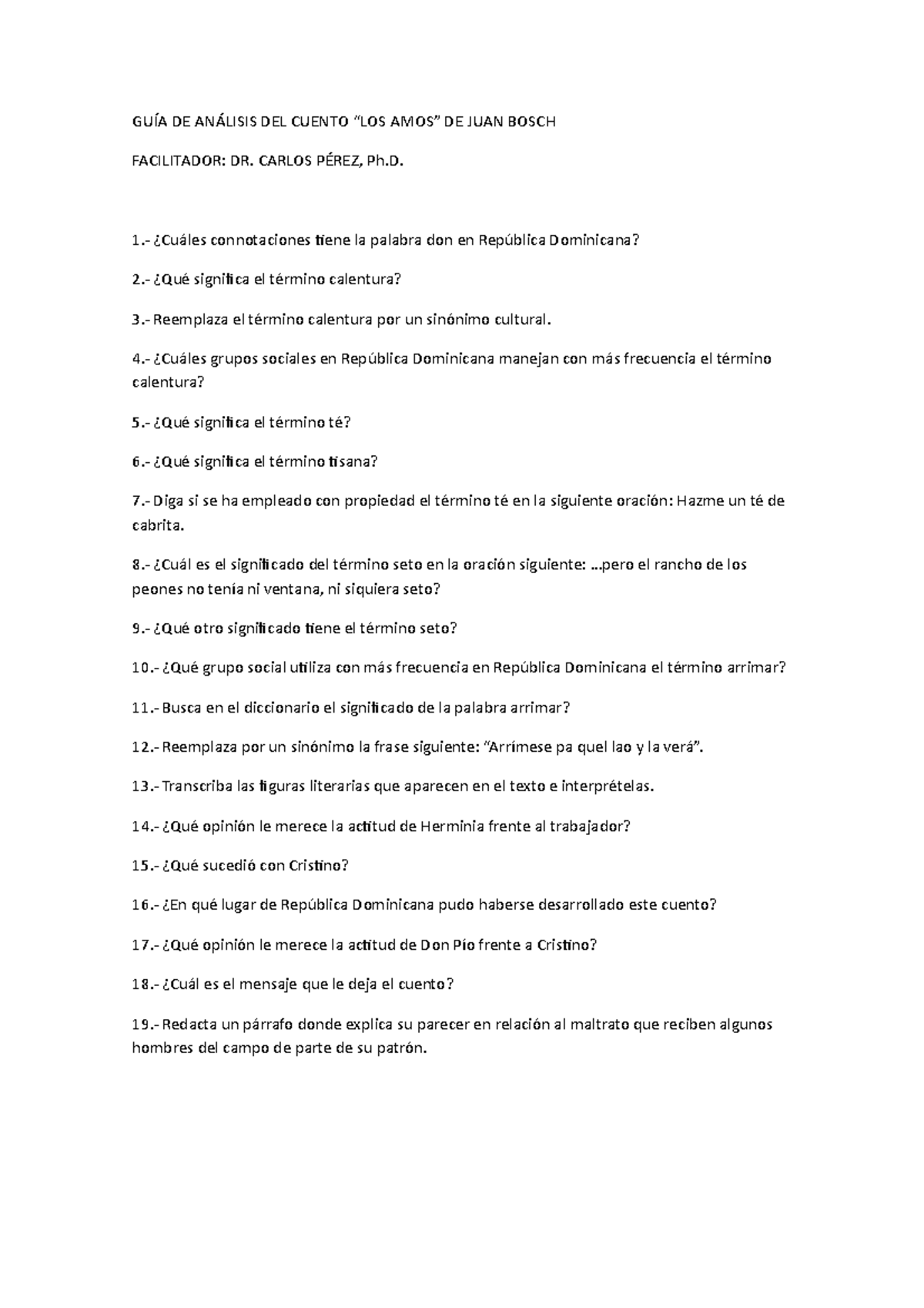 GUÍA DE Análisis DEL Cuento - GUÍA DE ANÁLISIS DEL CUENTO “LOS AMOS” DE ...