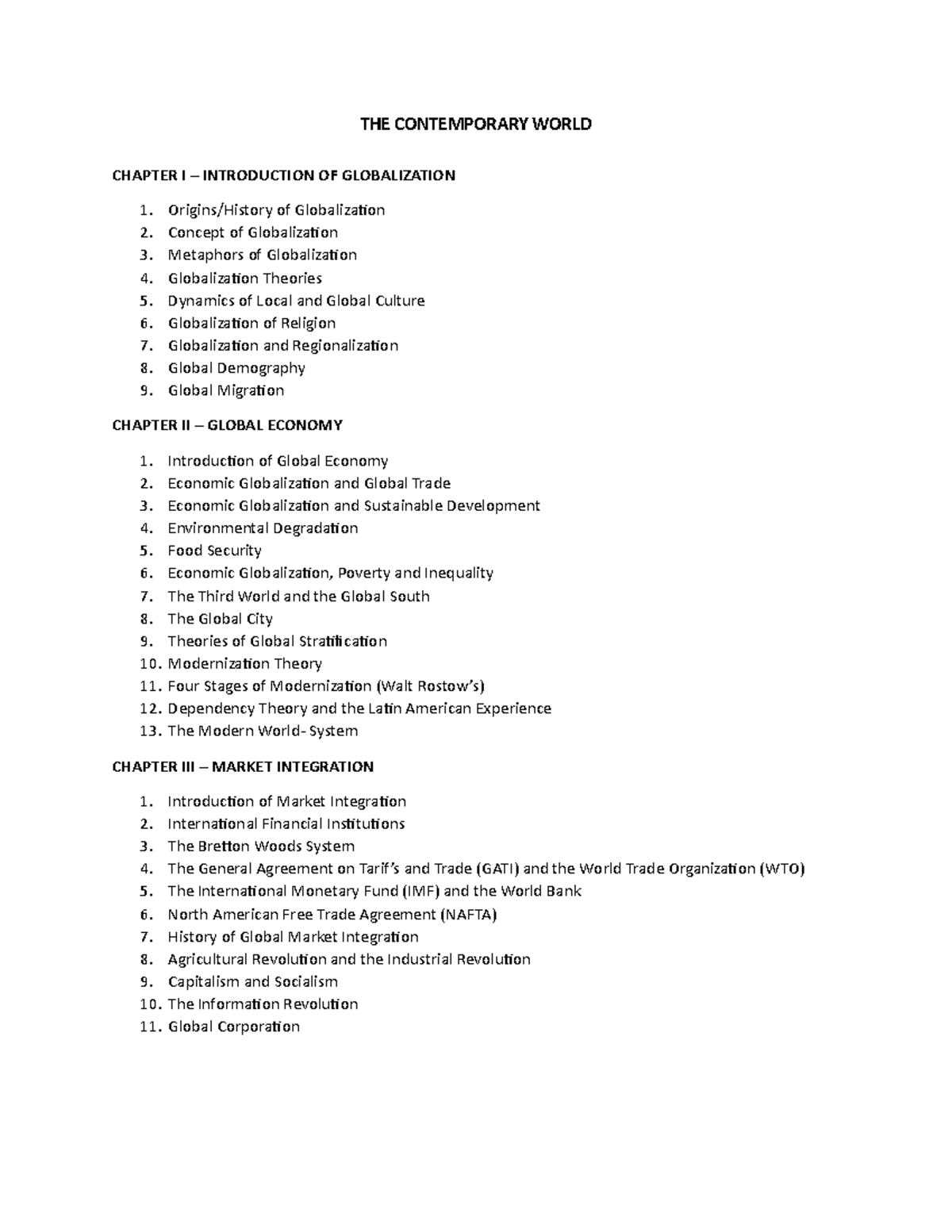 THE Contemporary World list of topics - THE CONTEMPORARY WORLD CHAPTER ...