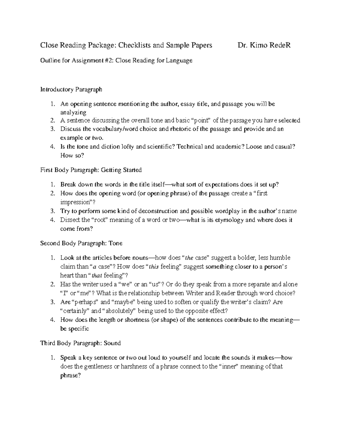 Close Reading Package - Kimo RedeR Outline for Assignment #2: Close ...