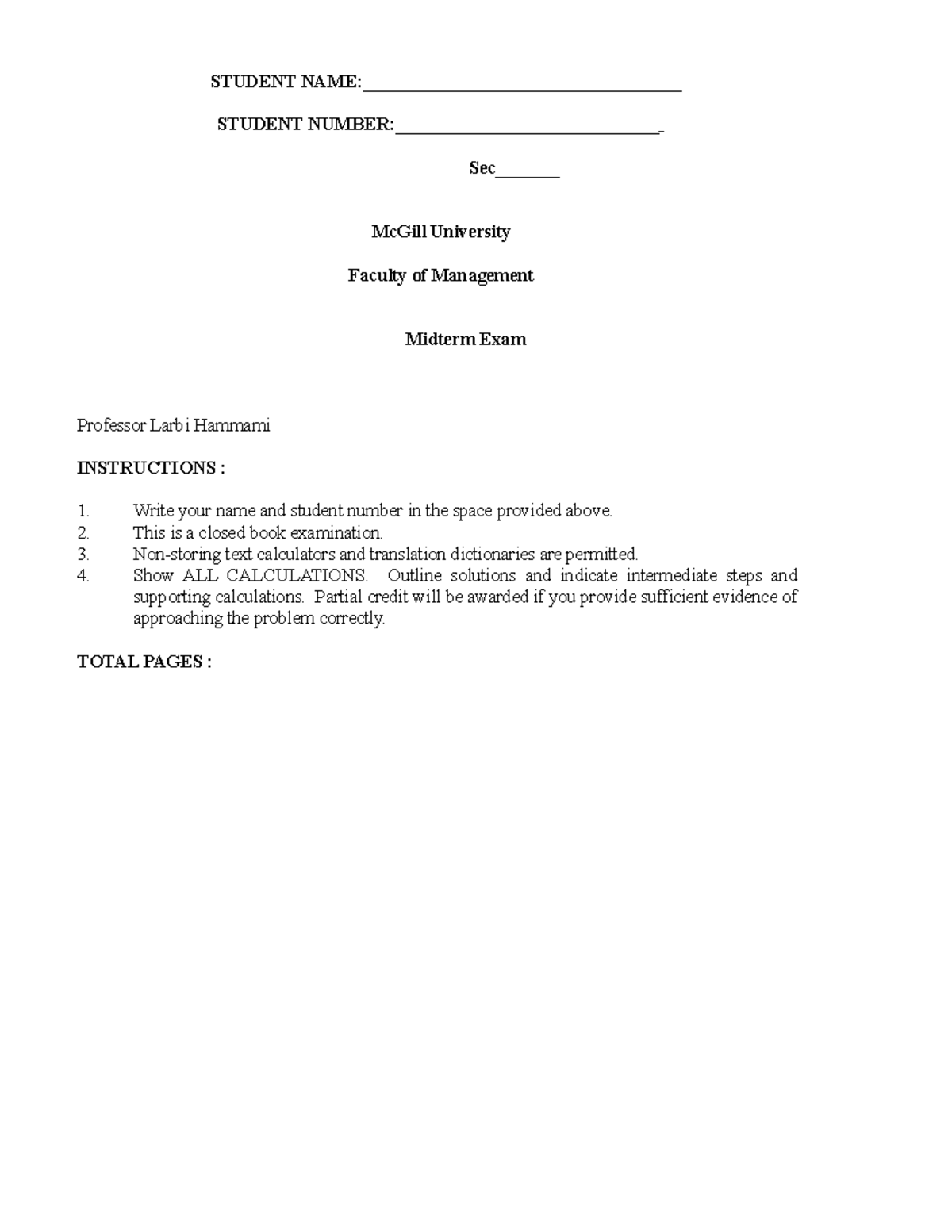 Midterm Fall 2018, questions and answers - STUDENT NAME