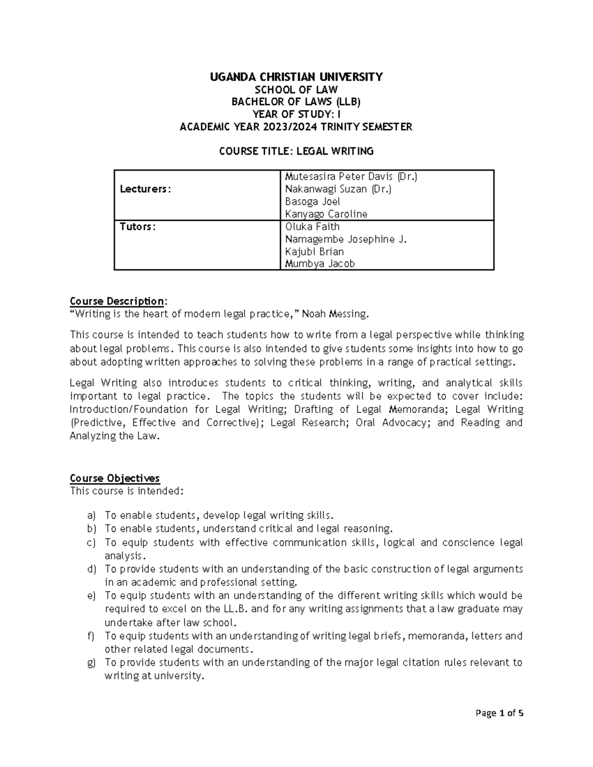 Legal Writing Course Outline LLB 1 2024 - UGANDA CHRISTIAN UNIVERSITY ...