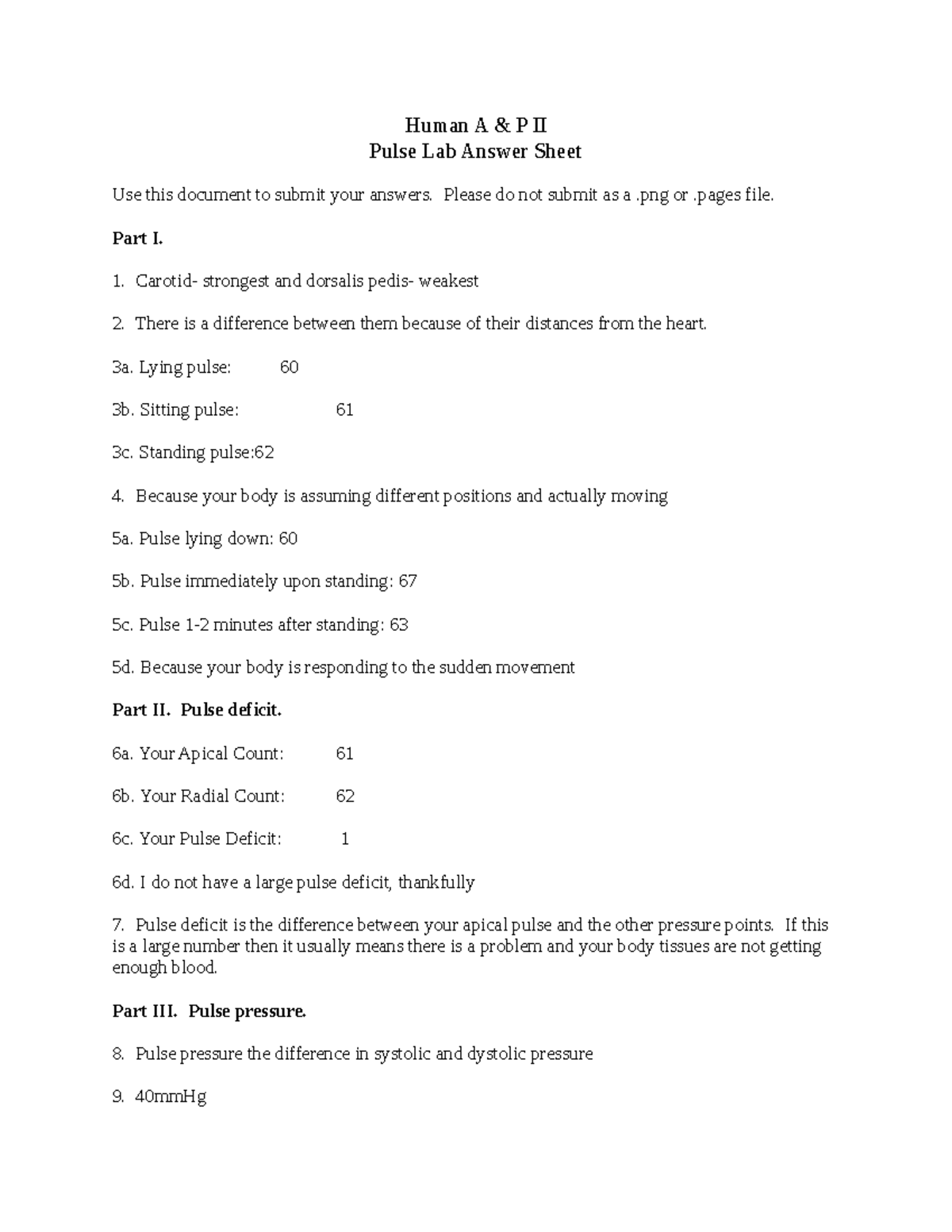 AP2 Pulse Lab AS1 - Human A & P II Pulse Lab Answer Sheet Use this document to submit your - Studocu