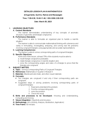 MATH10 Q4 W2 - lesson plan - Detailed Lesson Plan in Mathematics Grade 10 Quarter Four Week Two ...