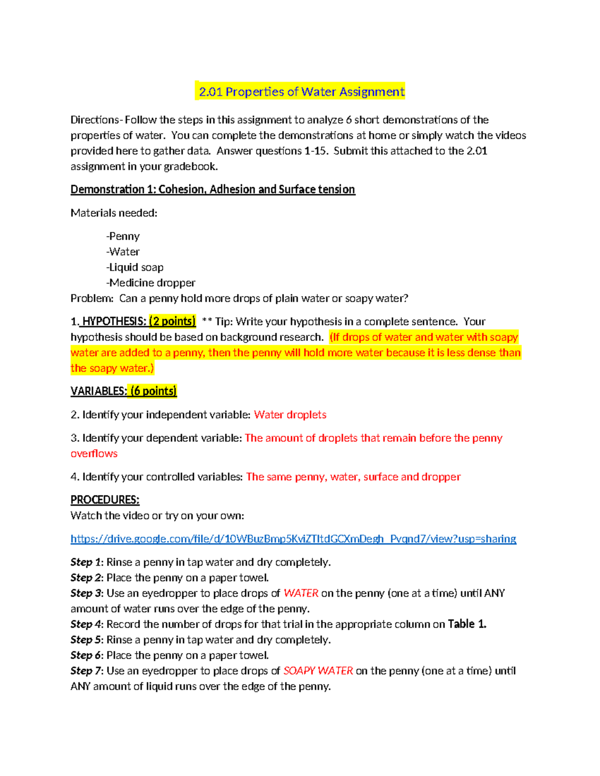 201 Properties of Water Assignment - 2 Properties of Water Assignment ...