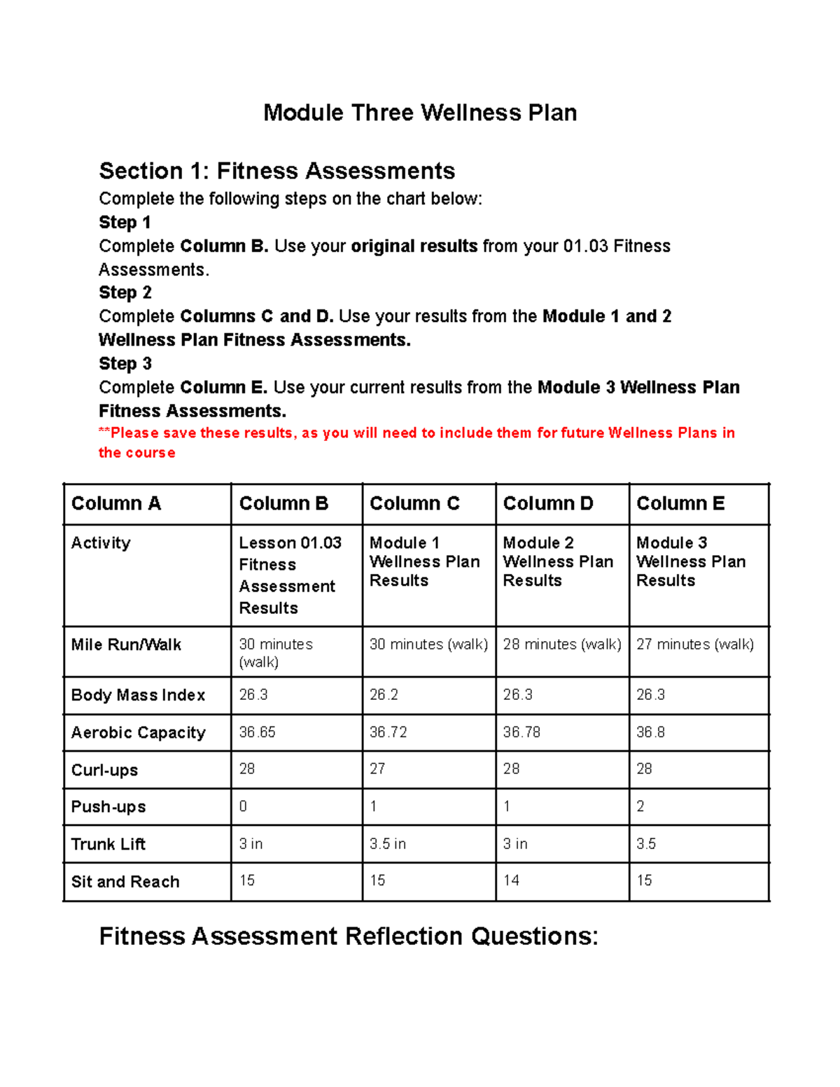 Module 3 Wellness Plan - Module Three Wellness Plan Section 1: Fitness ...