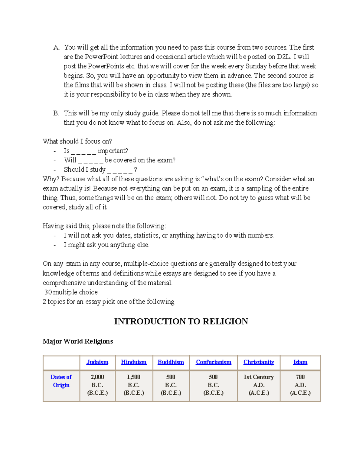Religion Study Guide - A. You will get all the information you need to ...