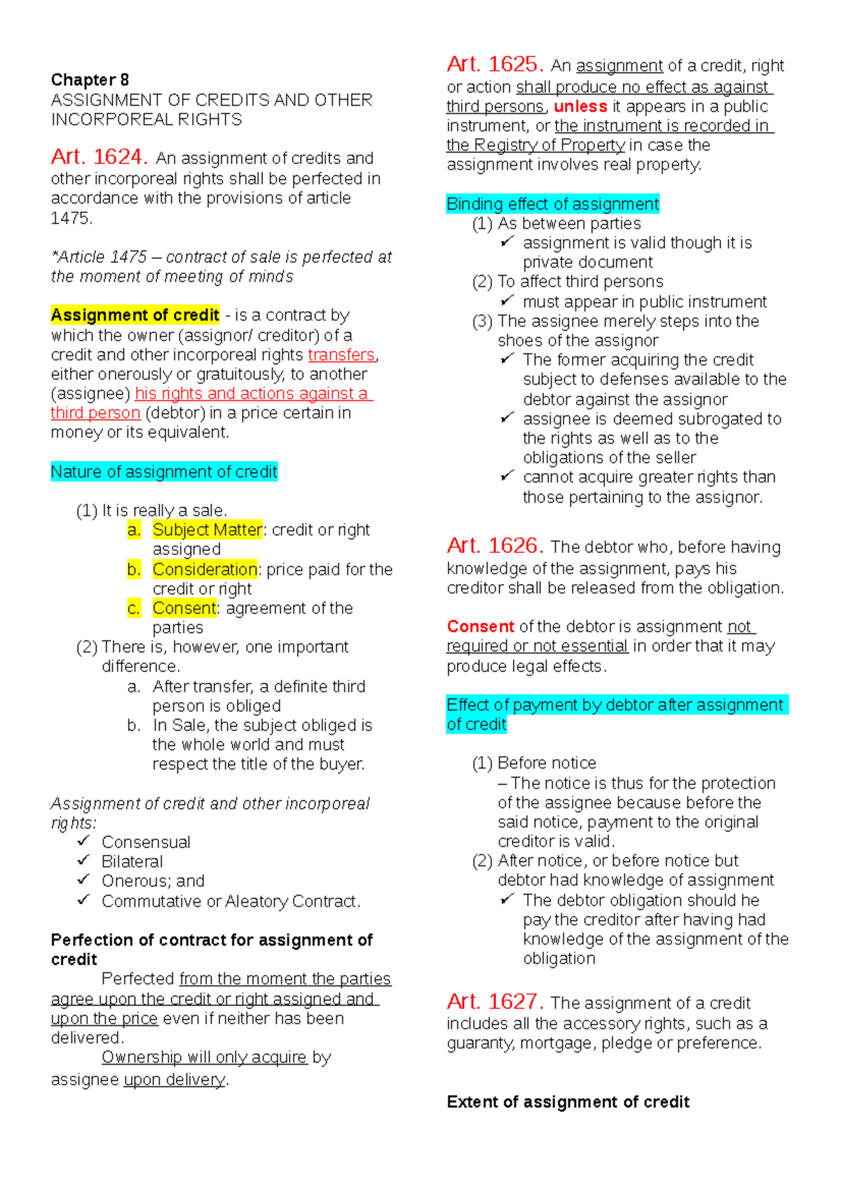 articles in law on sales - lecture notes - summary - Chapter 8 ...