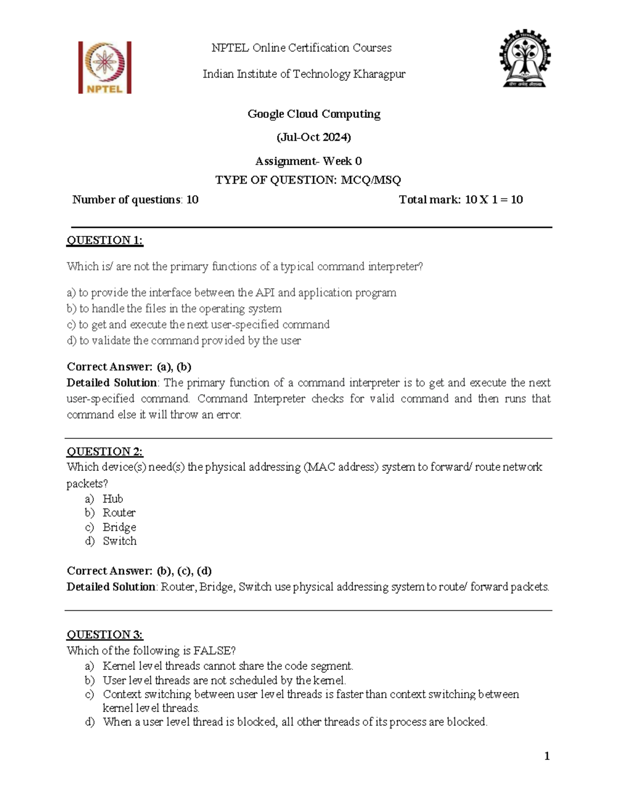 Nptel GCC Assignment 0-Jul2024 - Indian Institute of Technology Kharagpur Google Cloud Computing ...