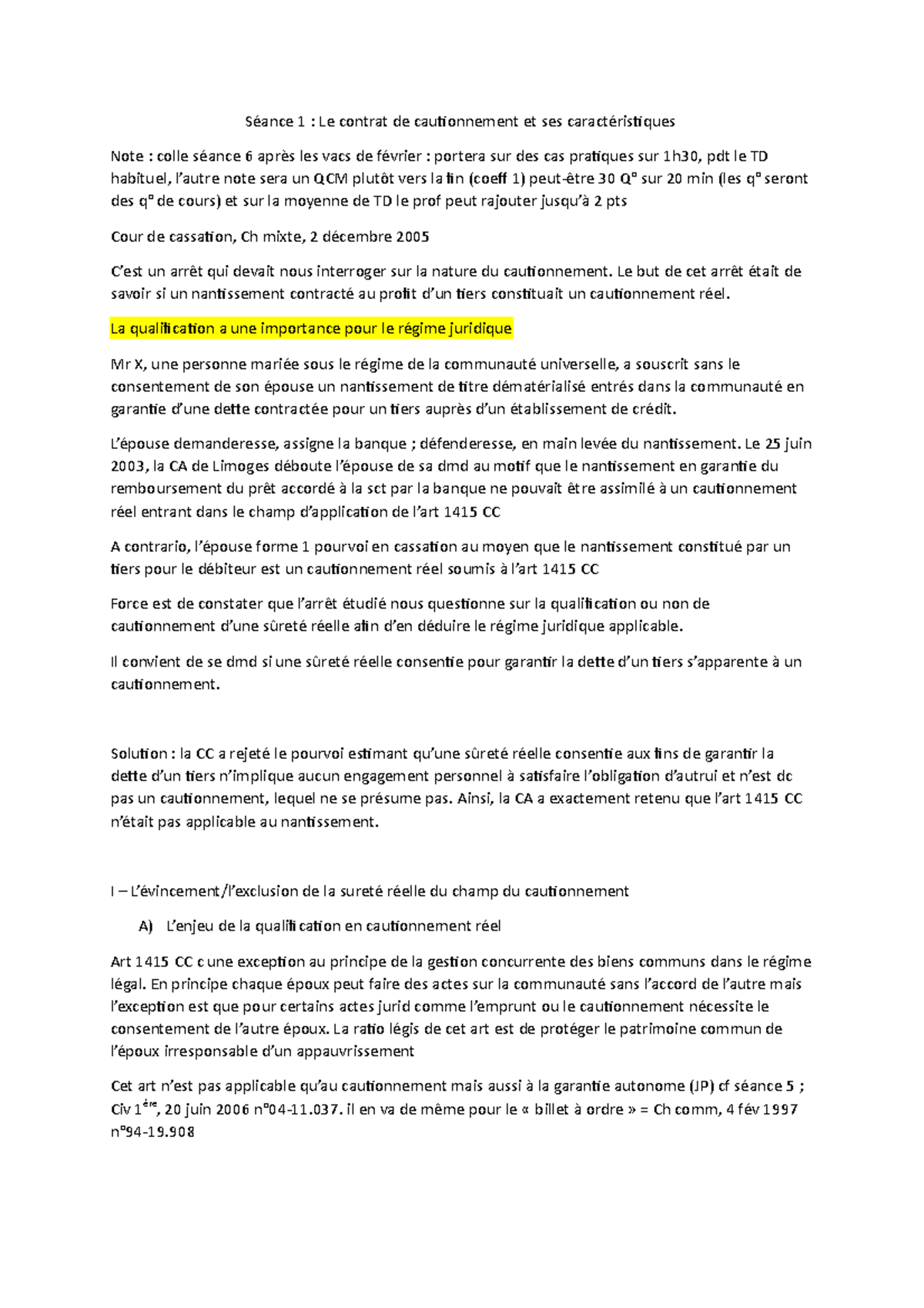Séance 1 - Le contrat de cautionnement et ses caractéristiques - Droit ...