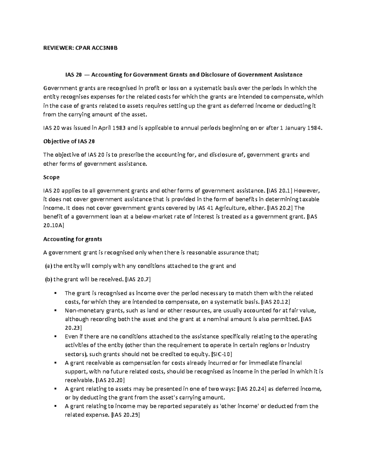 Reviewer - REVIEWER: CPAR ACC3N0B IAS 20 — Accounting for Government ...