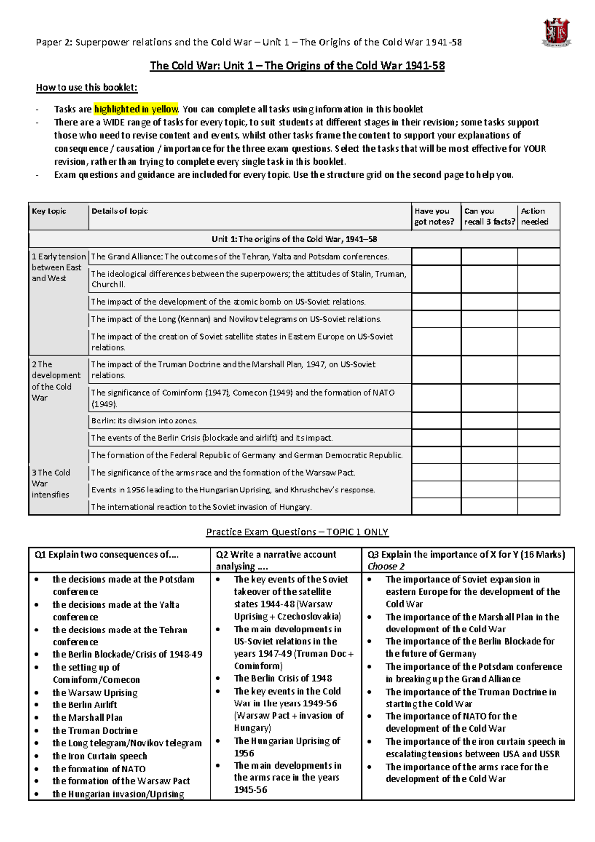 origins of the cold war revision complete guide and tick box exercise ...