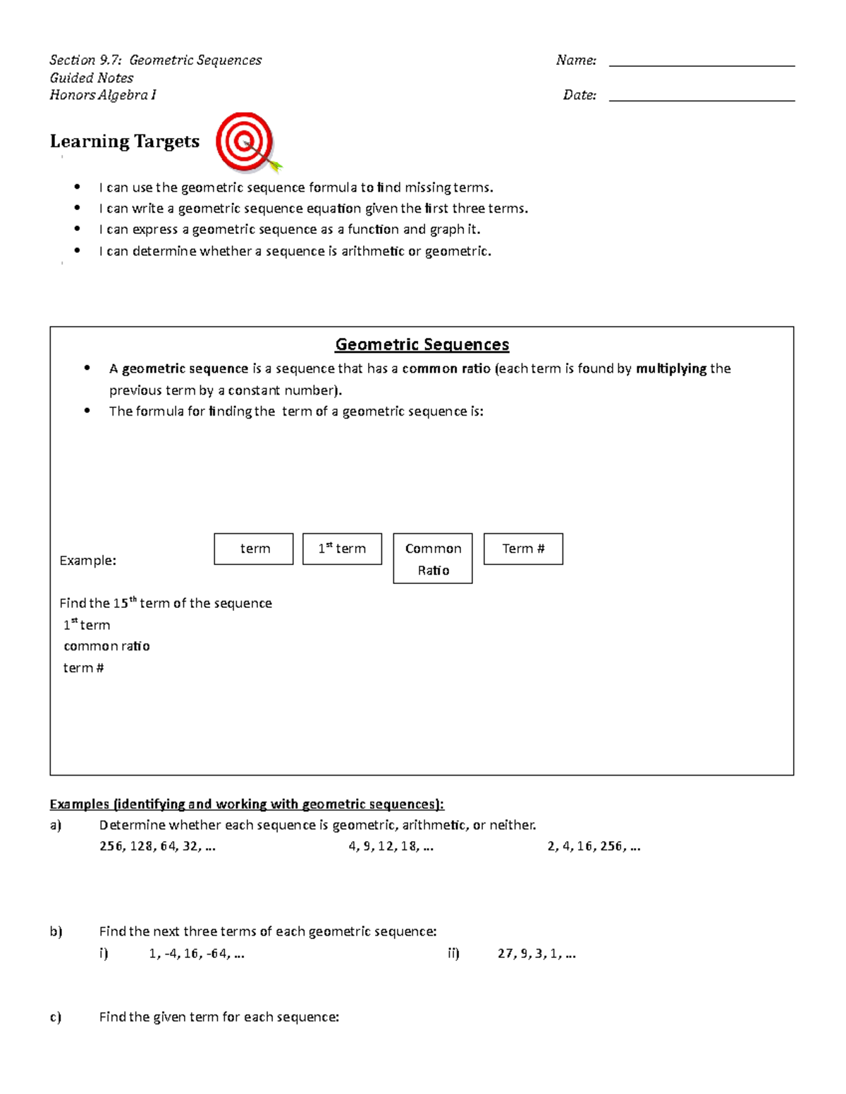 9.8 Guided Notes Mathematical Modeling - _Section 9: Geometric ...