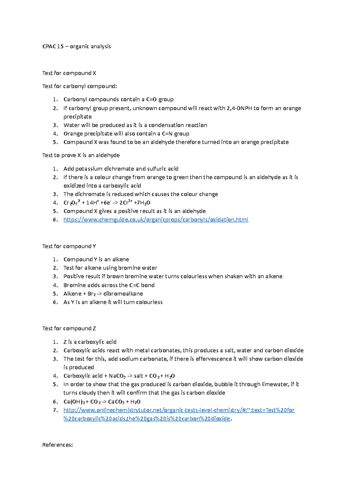 CPAC 15 - notes - CPAC 15 – organic analysis Test for compound X Test ...