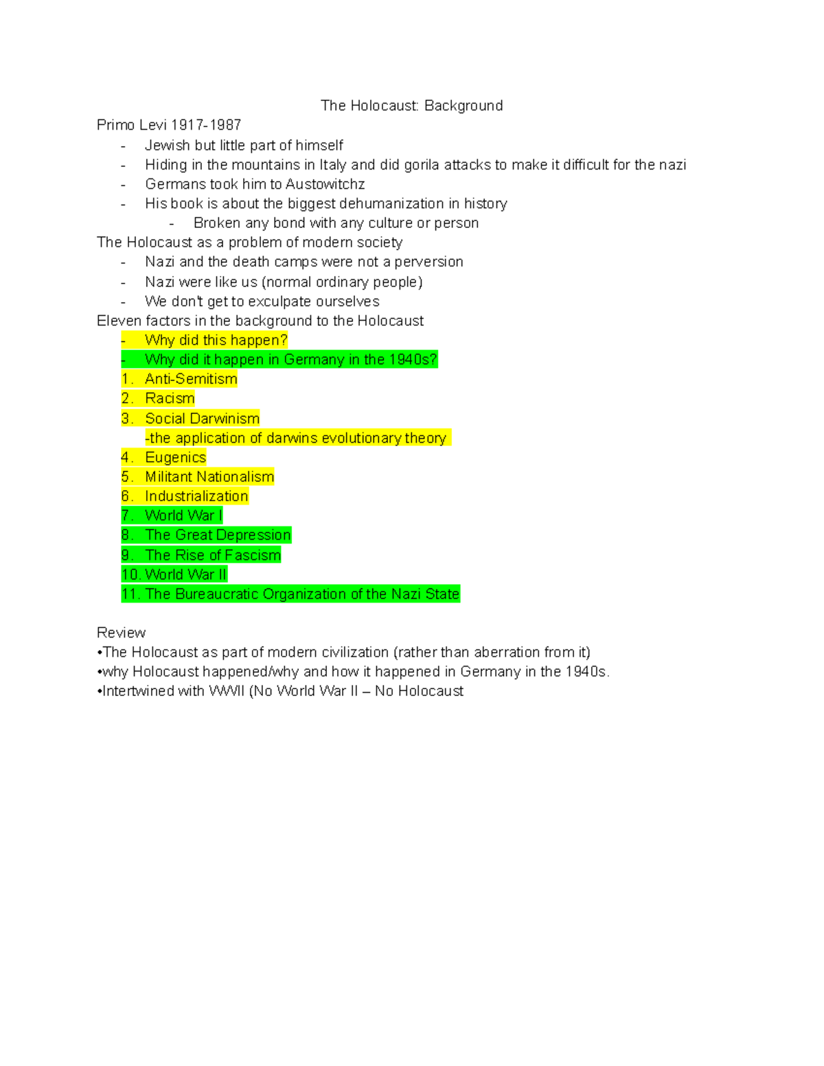 Lecture 13 - notes part 2 - The Holocaust: Background Primo Levi 1917 ...