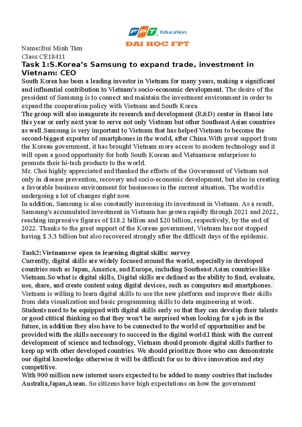 assignment 1 ent403 - Name:Bui Minh Tam Class:CE Task 1:S’s Samsung to expand trade, investment ...