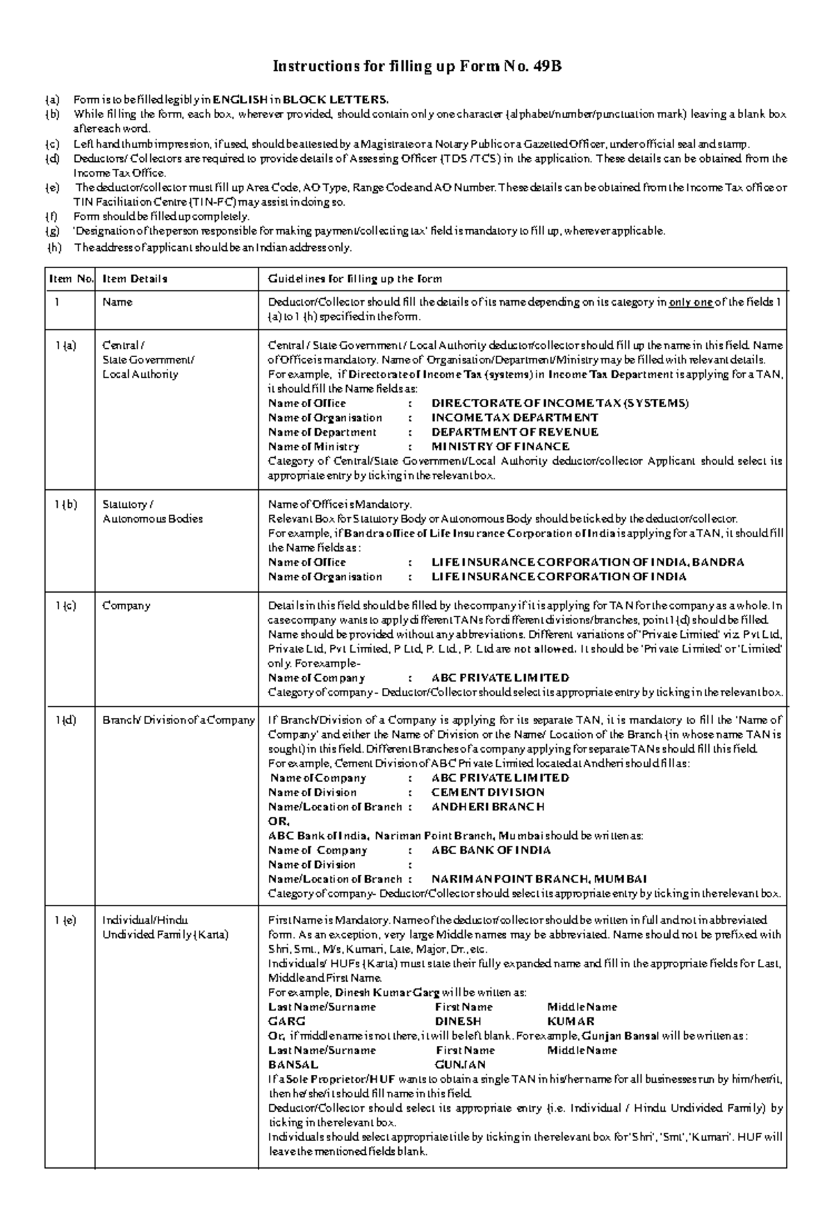 Form 49B- TAN Application Form - Instructions for filling up Form No ...