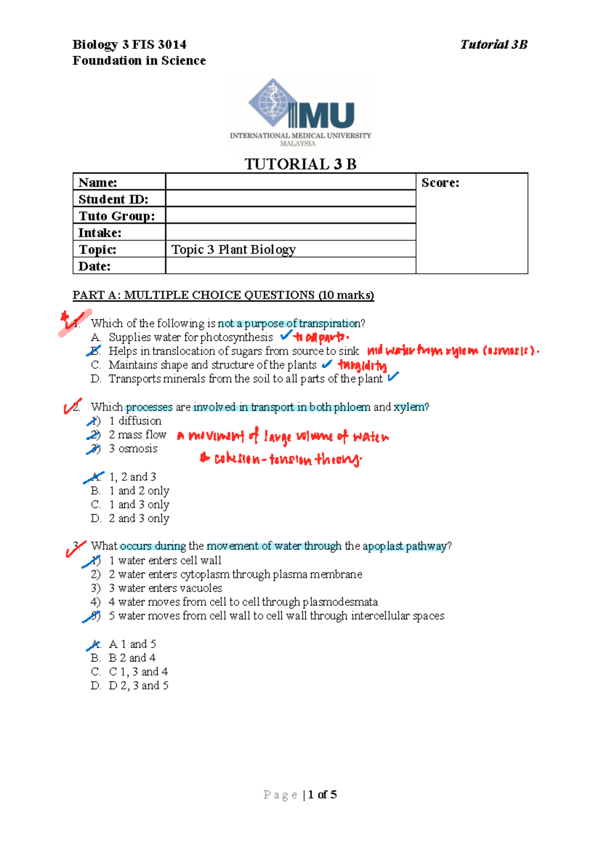 Tutorial 3.2 - Plant Biology - Foundation in Science ####### TUTORIAL 3 B Name: Score: Student ...
