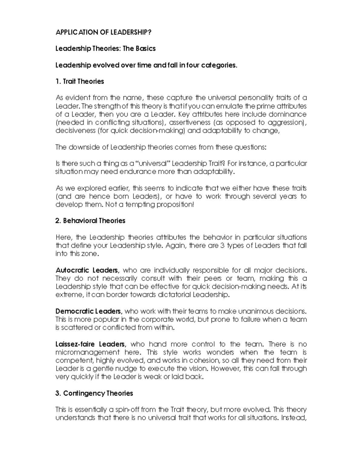 CFLM Leadership Theories - APPLICATION OF LEADERSHIP? Leadership ...