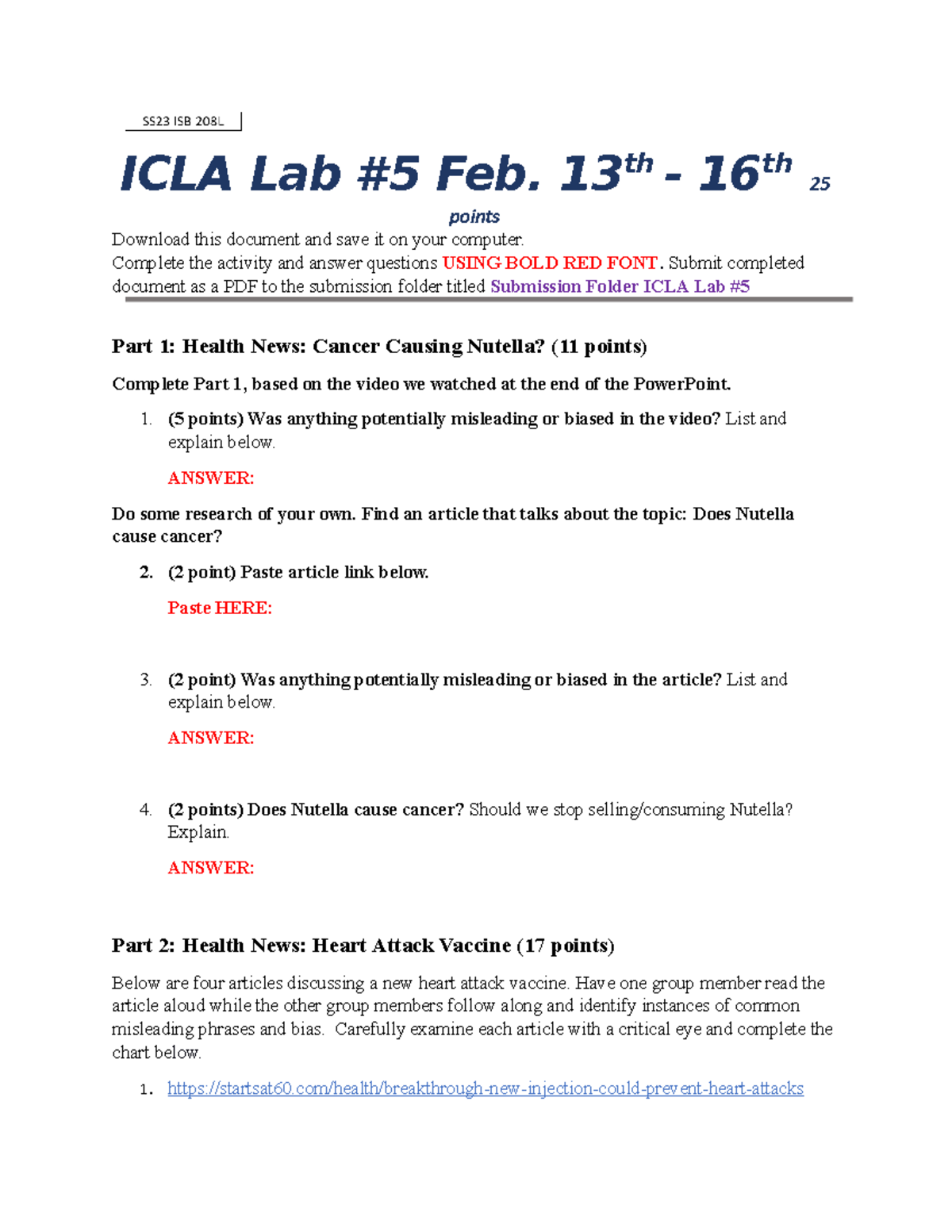ICLA Lab #05 final - ICLA Lab #5 Feb. 13 th - 16 th 25 points Download ...