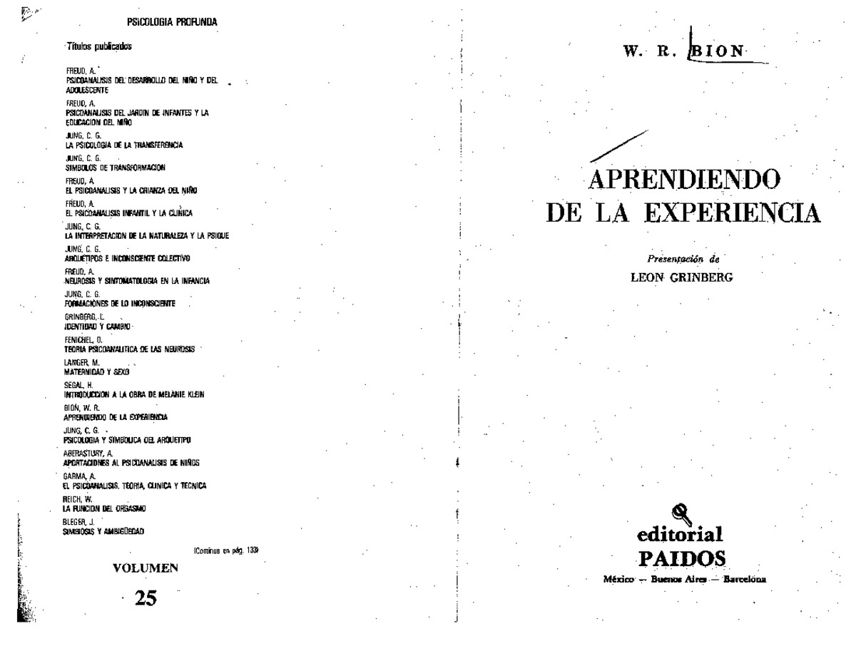 W Bion Aprendiendo de la experiencia - Psicopatología Dinámica - Studocu